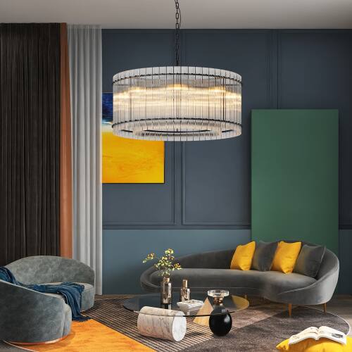 LUCKY ONE 37in Hanging Round Chandelier, 8 Light 2 Tier Water Ripple ...