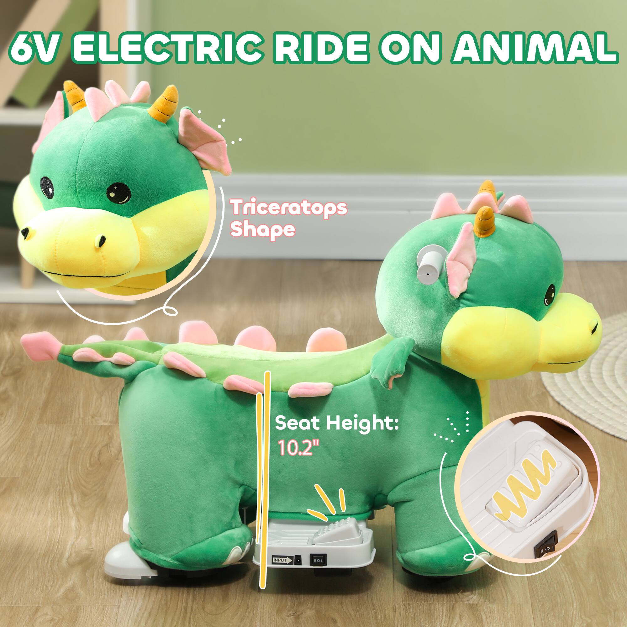 Qaba 6V Kids Ride on Horse, Battery Powered Toy, Triceratops Electric ...