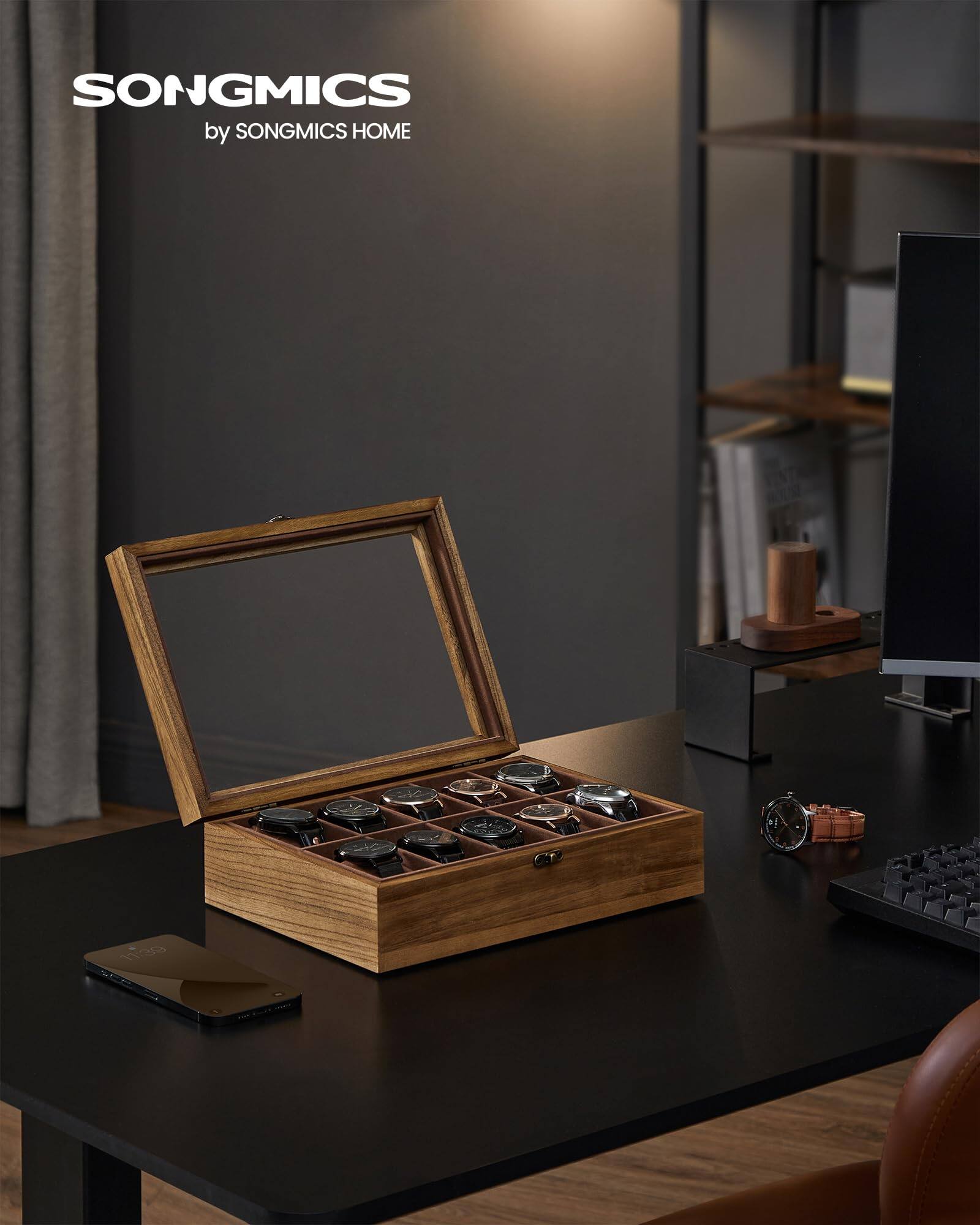 Songmics Home 10 Slot Watch Box – Display Case with Large Glass Lid ...