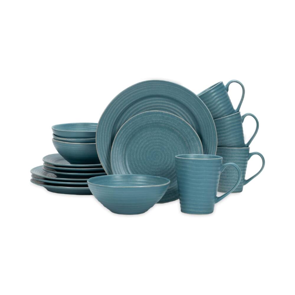 Bits Burst Ribbed Pottery Look Ceramic Dinnerware Set Turquoise BB ...