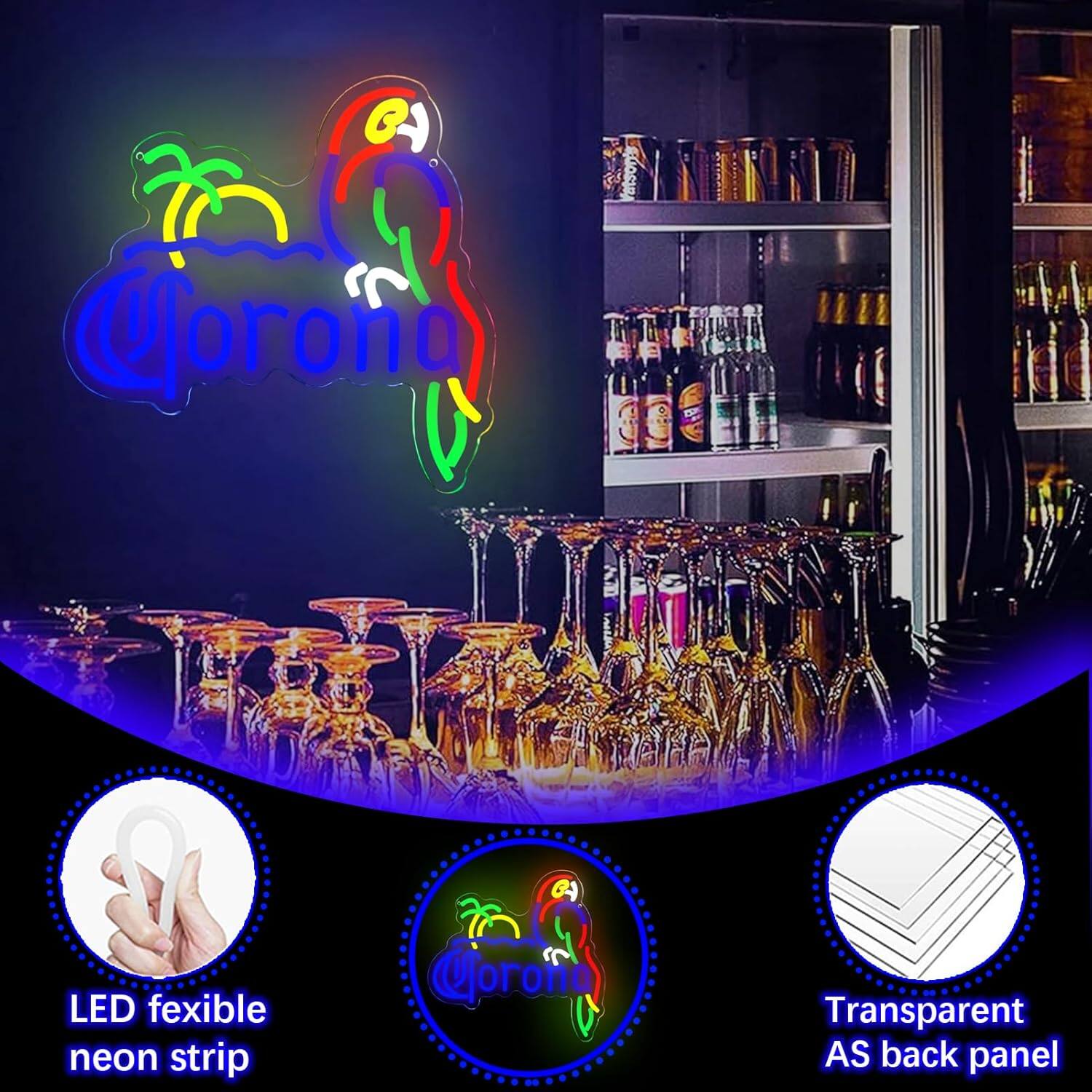 Auledio Coron Neon Sign Parrot Neon Lights for Bar Decor, Palm Tree ...