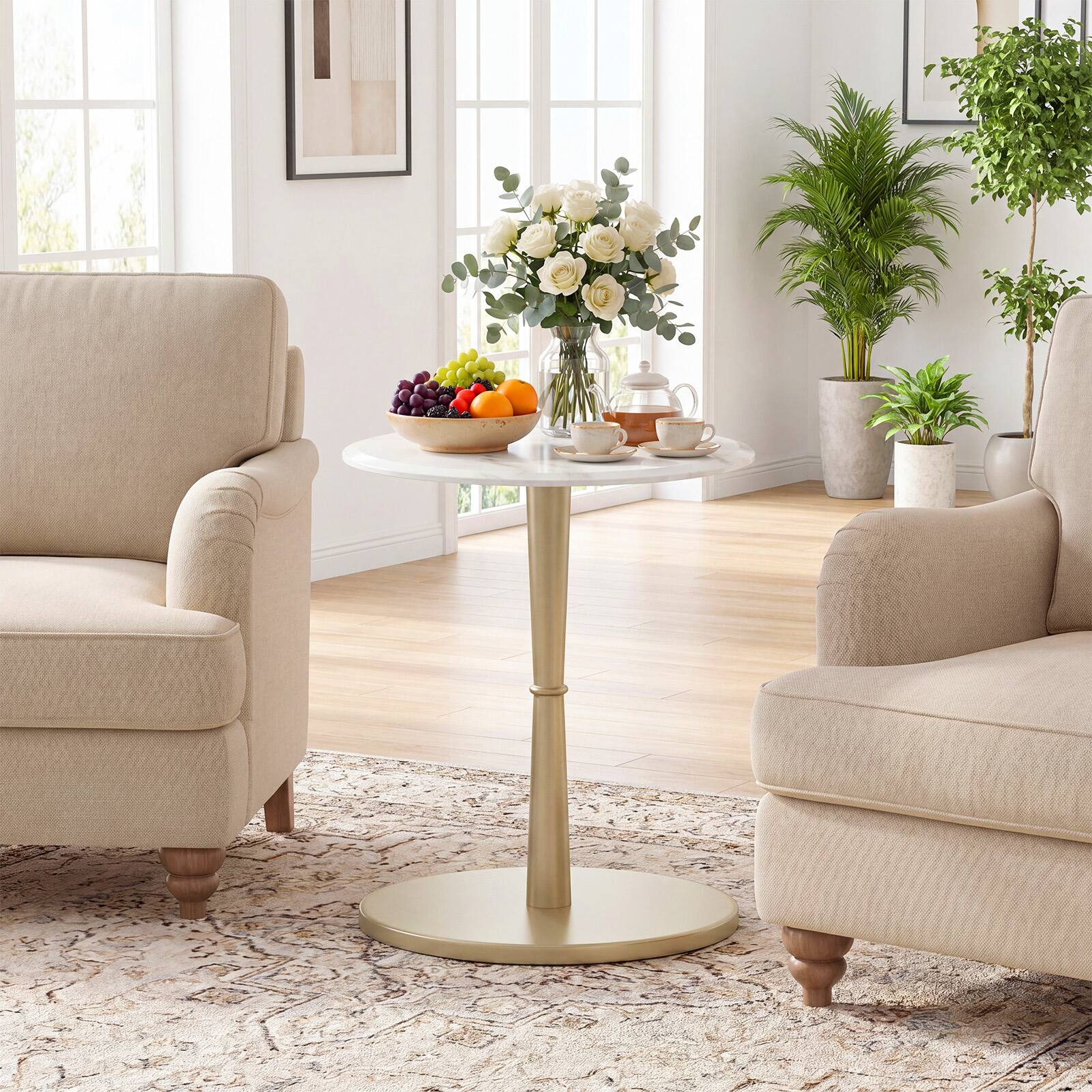 Costway 2 PCS Round Marble Side Table with Stone Finish & Wooden Base ...