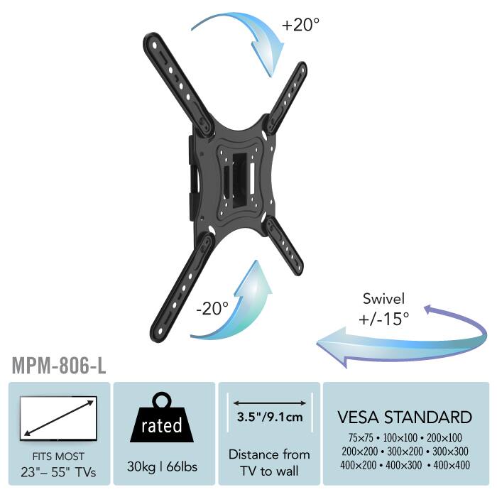 CorLiving Full Motion and Wall Hugging X frame Wall Mount for 23" 55 ...