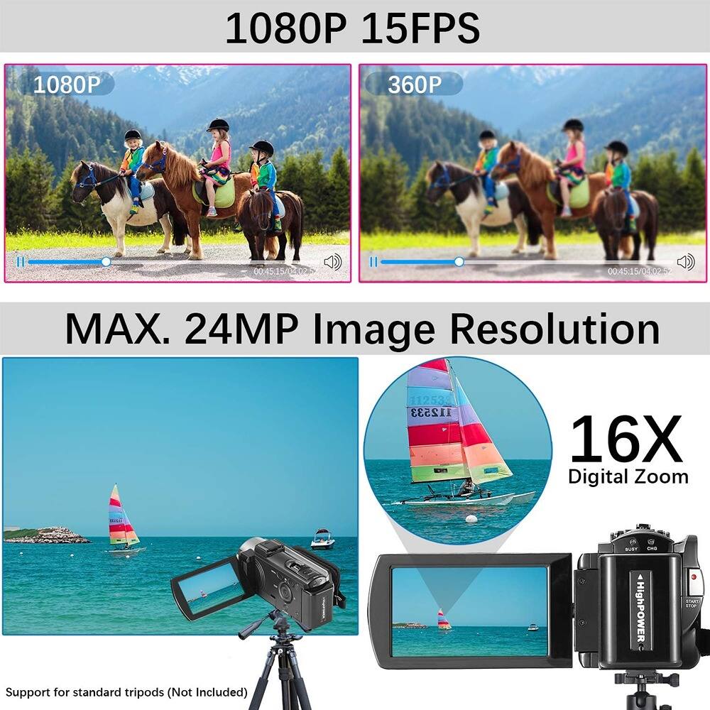ACJPR 1080P Video Camera, 24MP, 16X Zoom, 3" LCD, 270° Rotation, 2 ...
