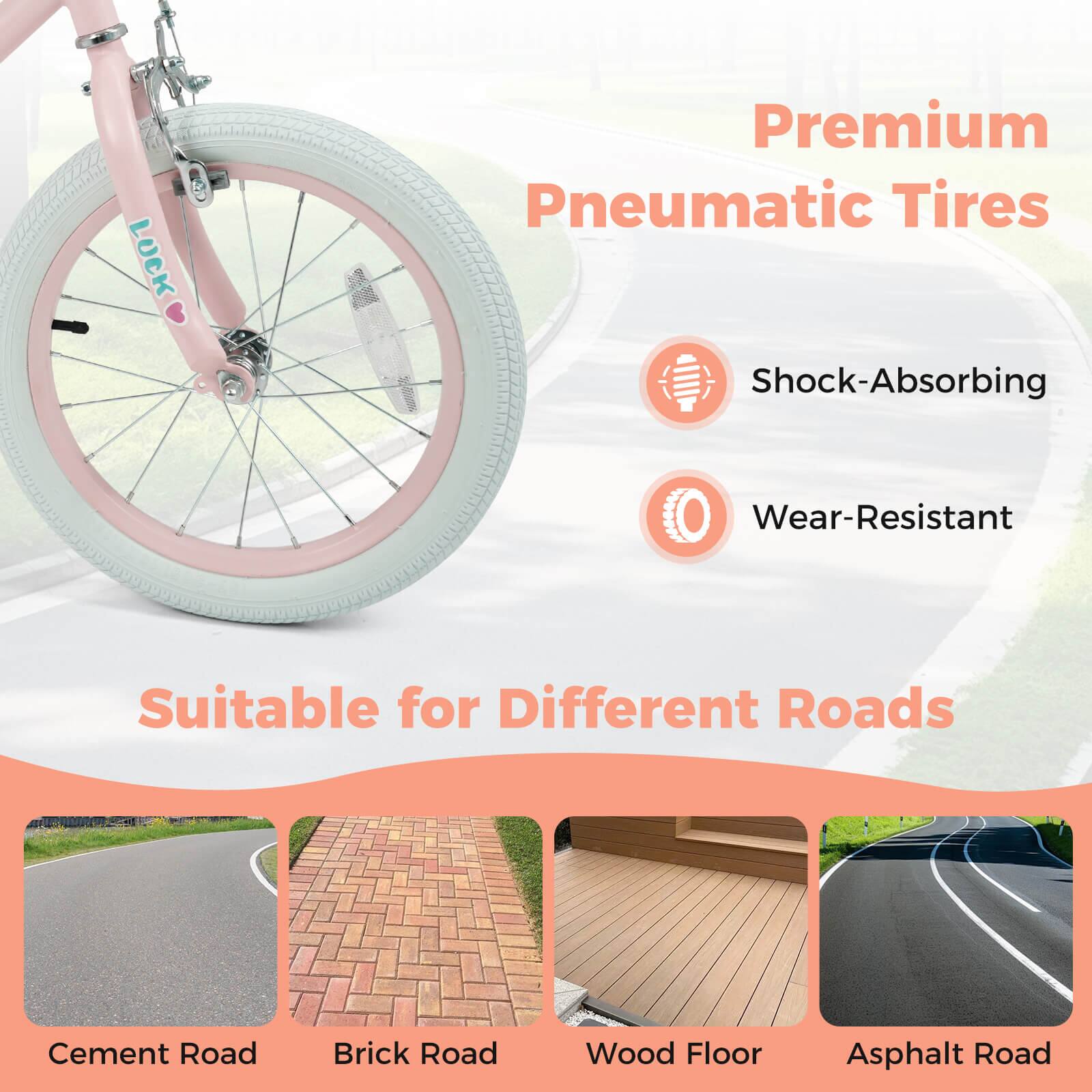 Costway 16 Inch Kids Bike for Girls Boys Age 3 8 Years with Training Wheels, Coaster Brake Pink ...