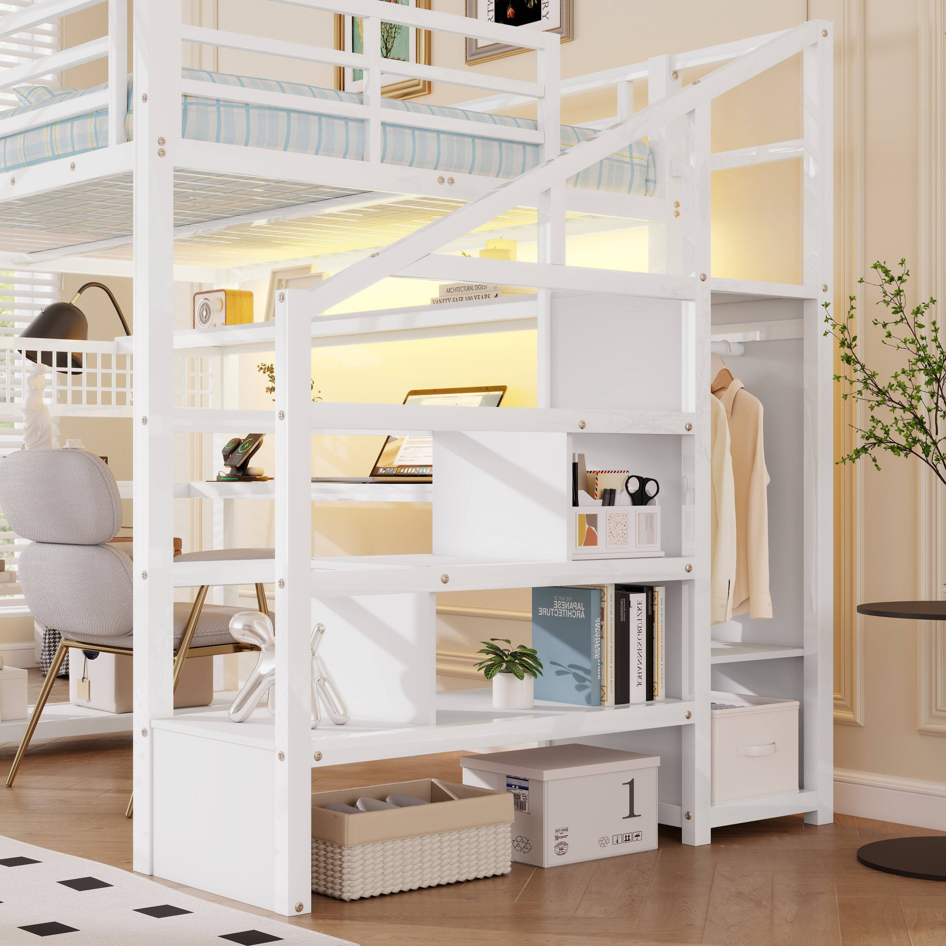 TinyHomie Full Size Loft Bed with Staircase and Wardrobe Desk Storage ...