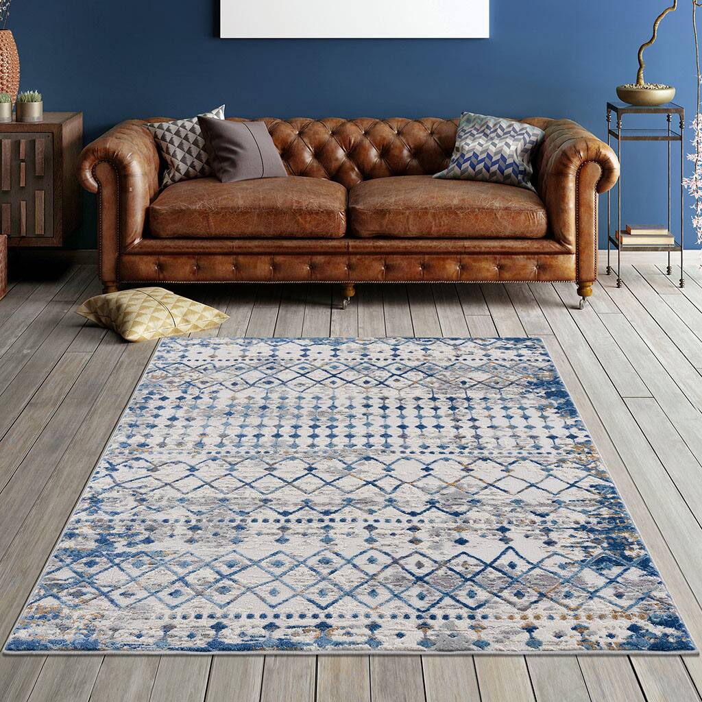 APRILSOUL Turkish Global Blue Cream Area Rug Machine Woven Medium Soft ...
