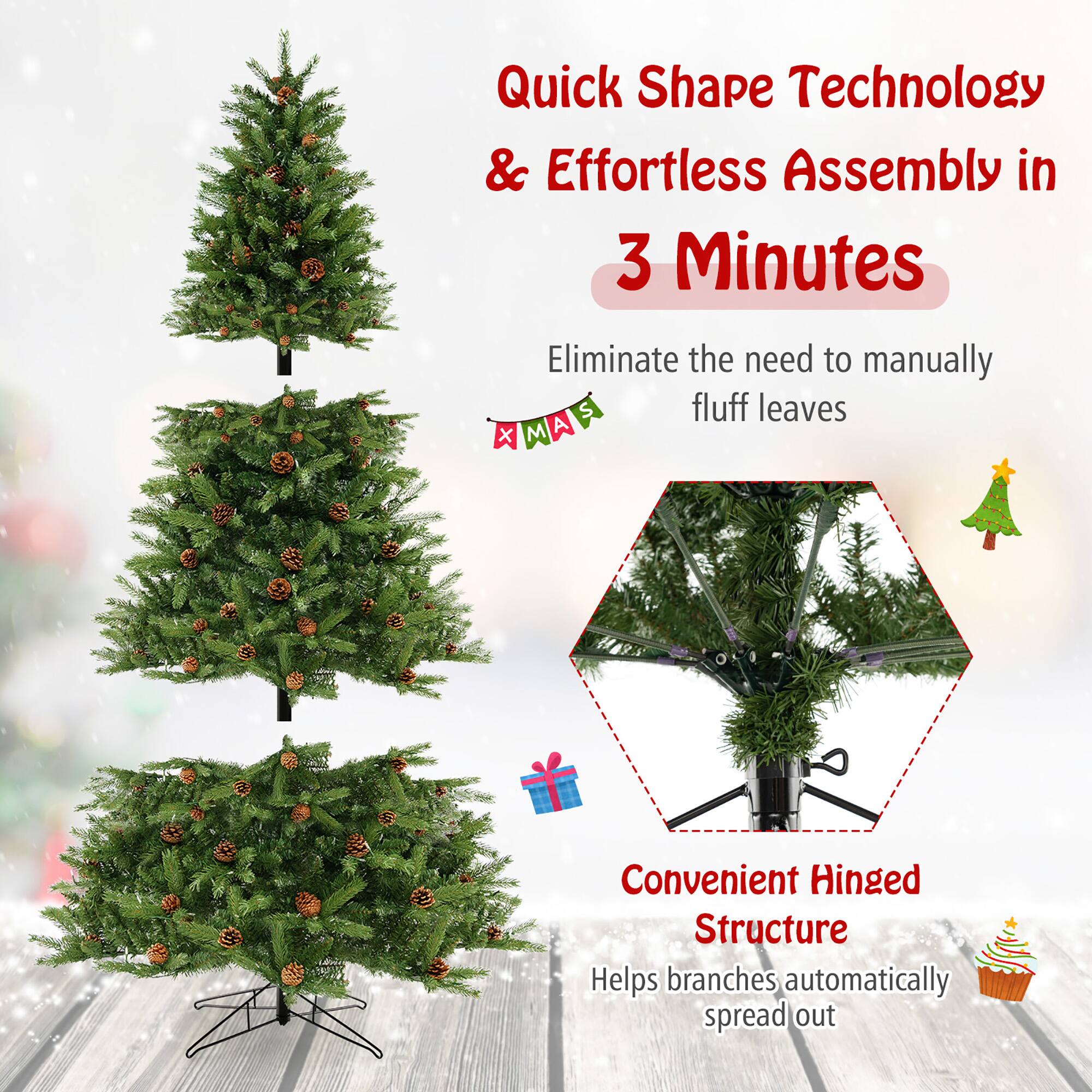 Gymax 7 FT Pre Lit Xmas Tree 3 Minute Setup Artificial Christmas Tree w ...