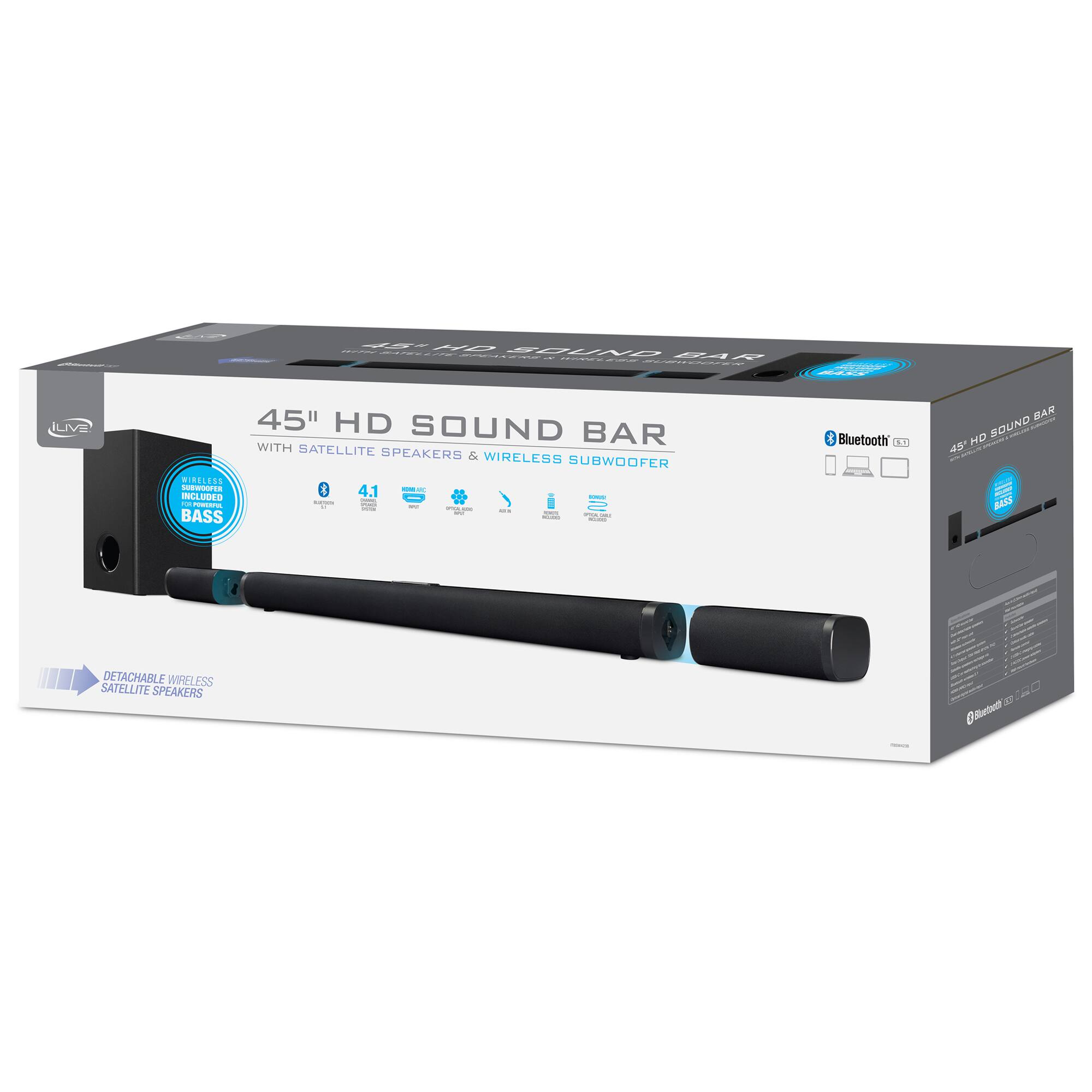 iLive 45 inch Bluetooth Soundbar with Wireless Subwoofer and Satellite ...