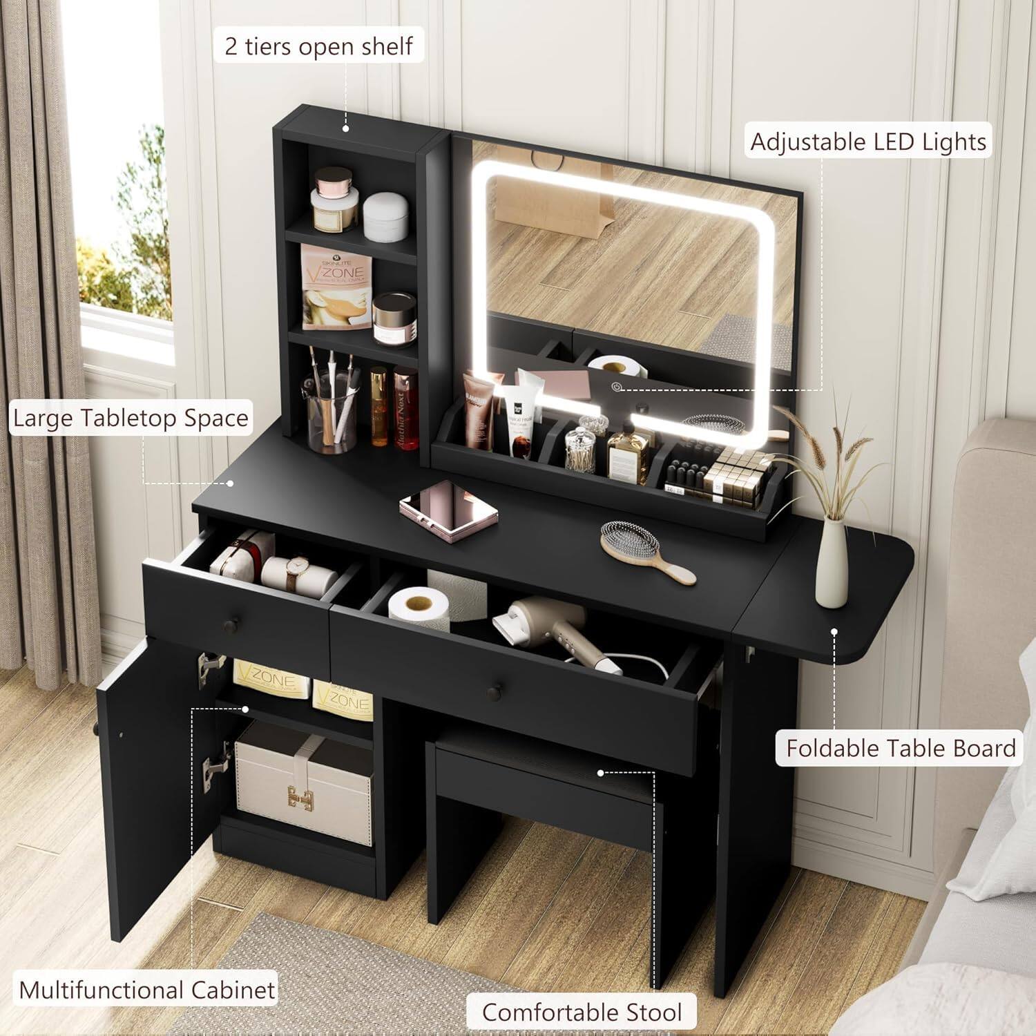 Jojoka Vanity Desk with Lighted Mirror & Power Outlet, Makeup Table ...