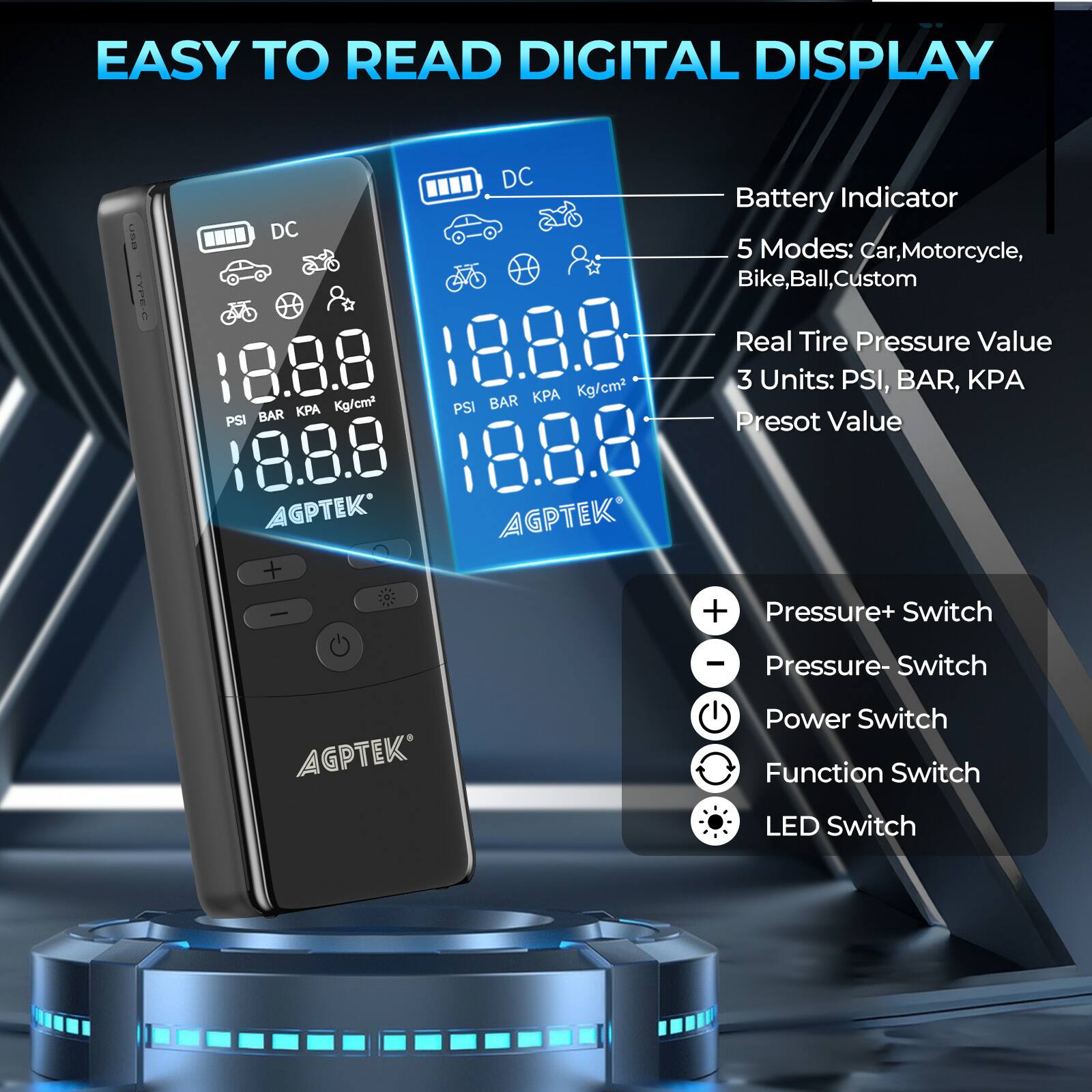 AGPtek 150PSI & 5000mAh Cordless Car Tire Inflator Portable Air Compressor for Cars, Bikes ...