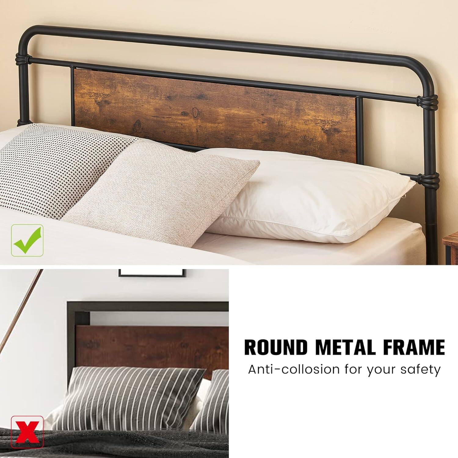 Jojoka Queen Platform Bed Frame, Vintage Wood Headboard, Metal Slats ...