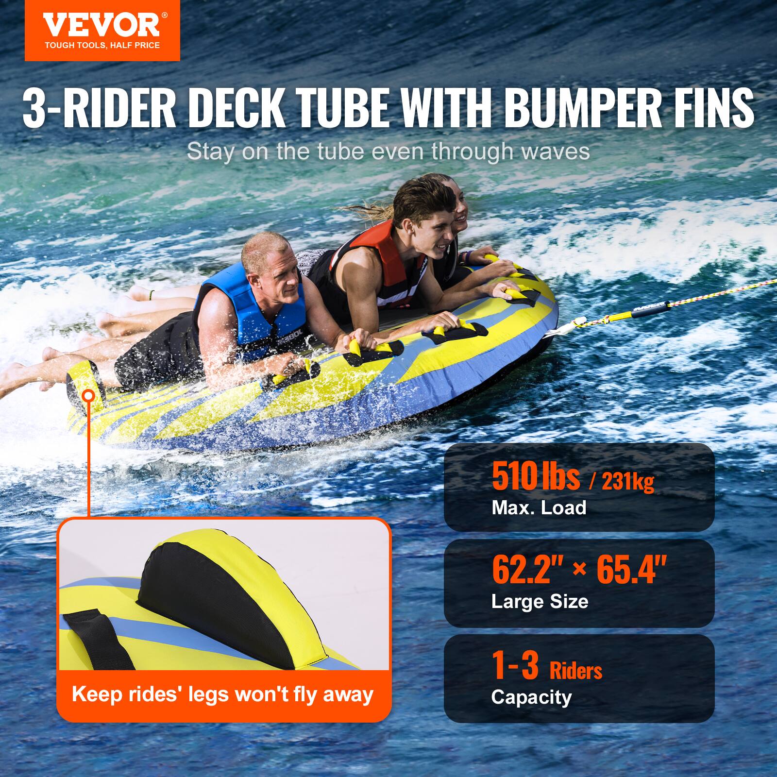 VEVOR Towable Tube for Boating, 1 3 Riders Inflatable Towable Tube with ...