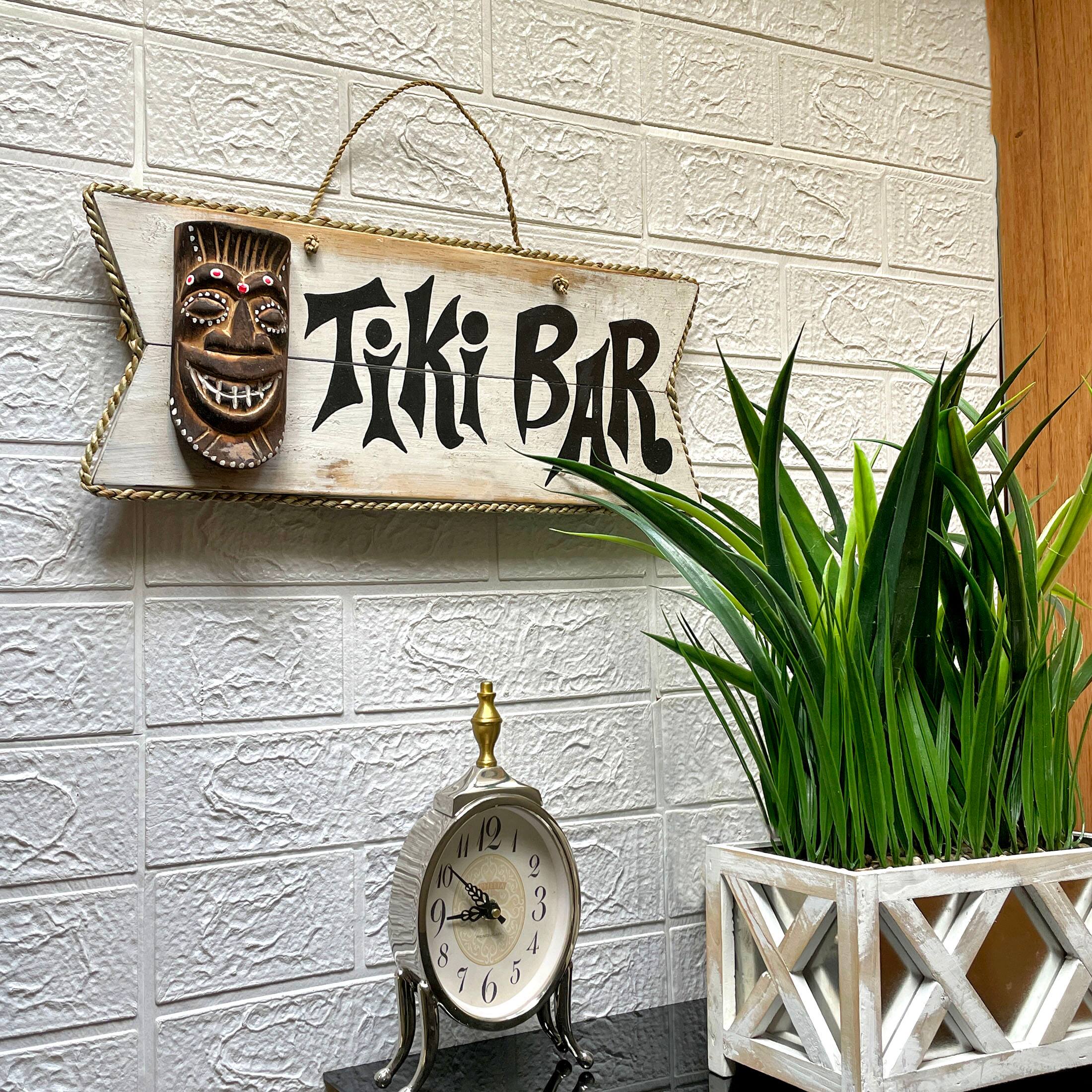 Things2Die4 Hand Painted Rustic Tiki Bar Sign Carved Mask Rope Hanging 16x7 Tropical Décor White ...