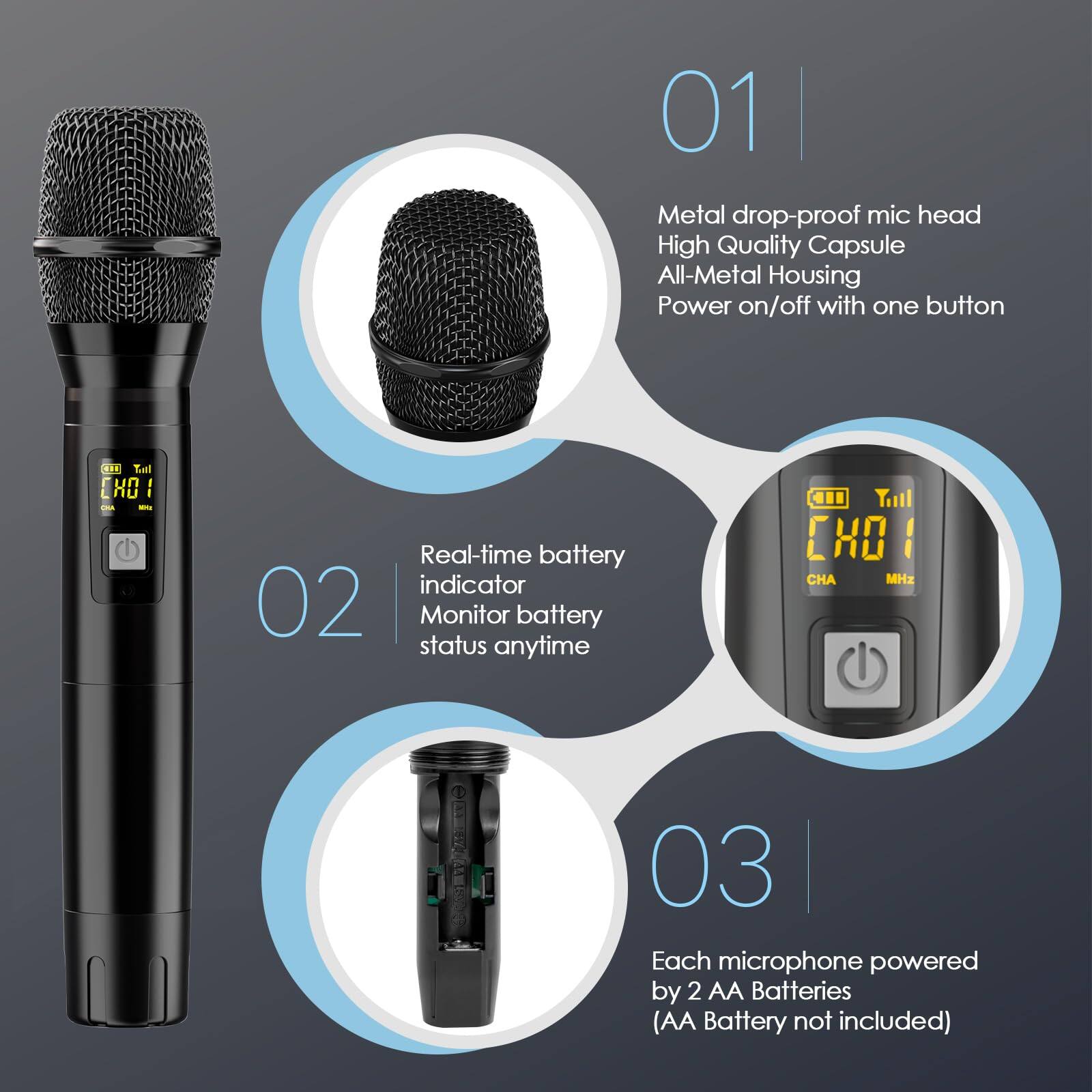 Dazzling Pops Uhf Wireless Microphone System Set Metal Cordless ...