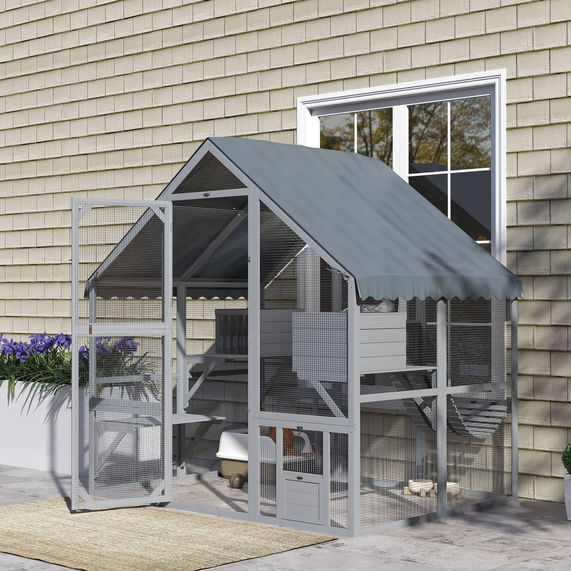 Pawhut Catio Outdoor Cat Enclosure with Waterproof Cover, 2 Condos, 4 ...