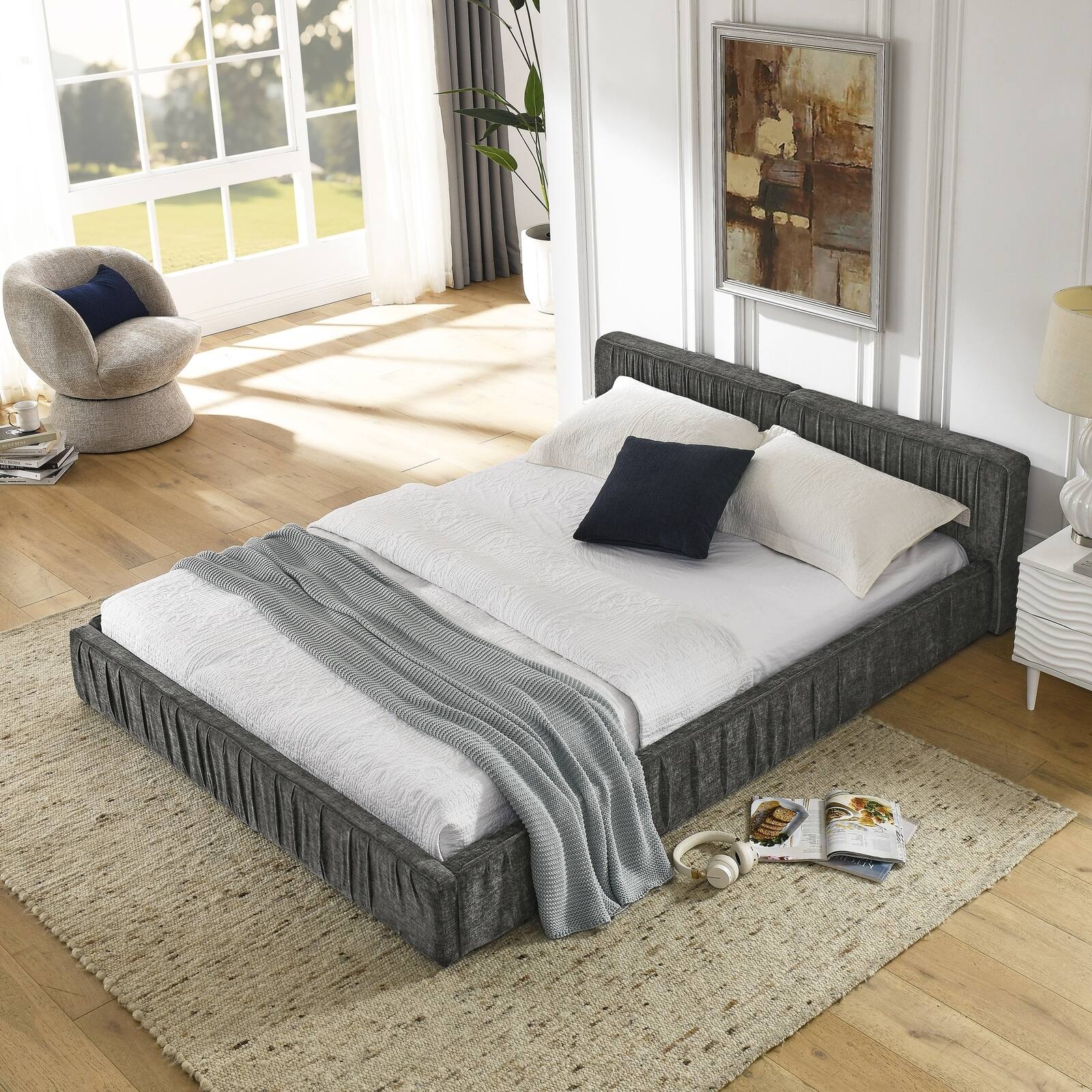 Spaco Solid Queen Platform Bed, Chenille Headboard with Pleating ...