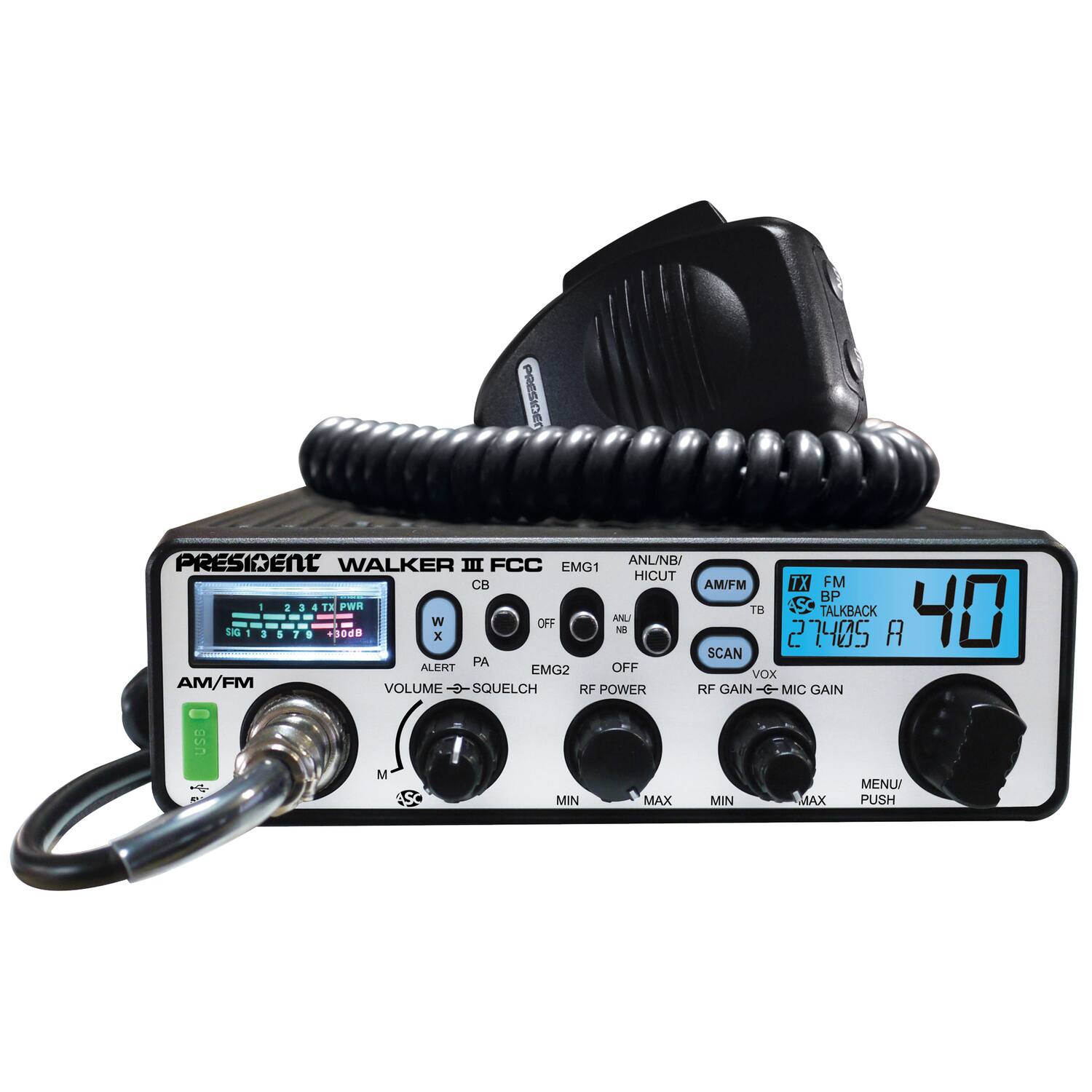 PRESIDENT Walker III FCC 40 Channel 12 Volt AM/FM Weatherband CB Radio ...