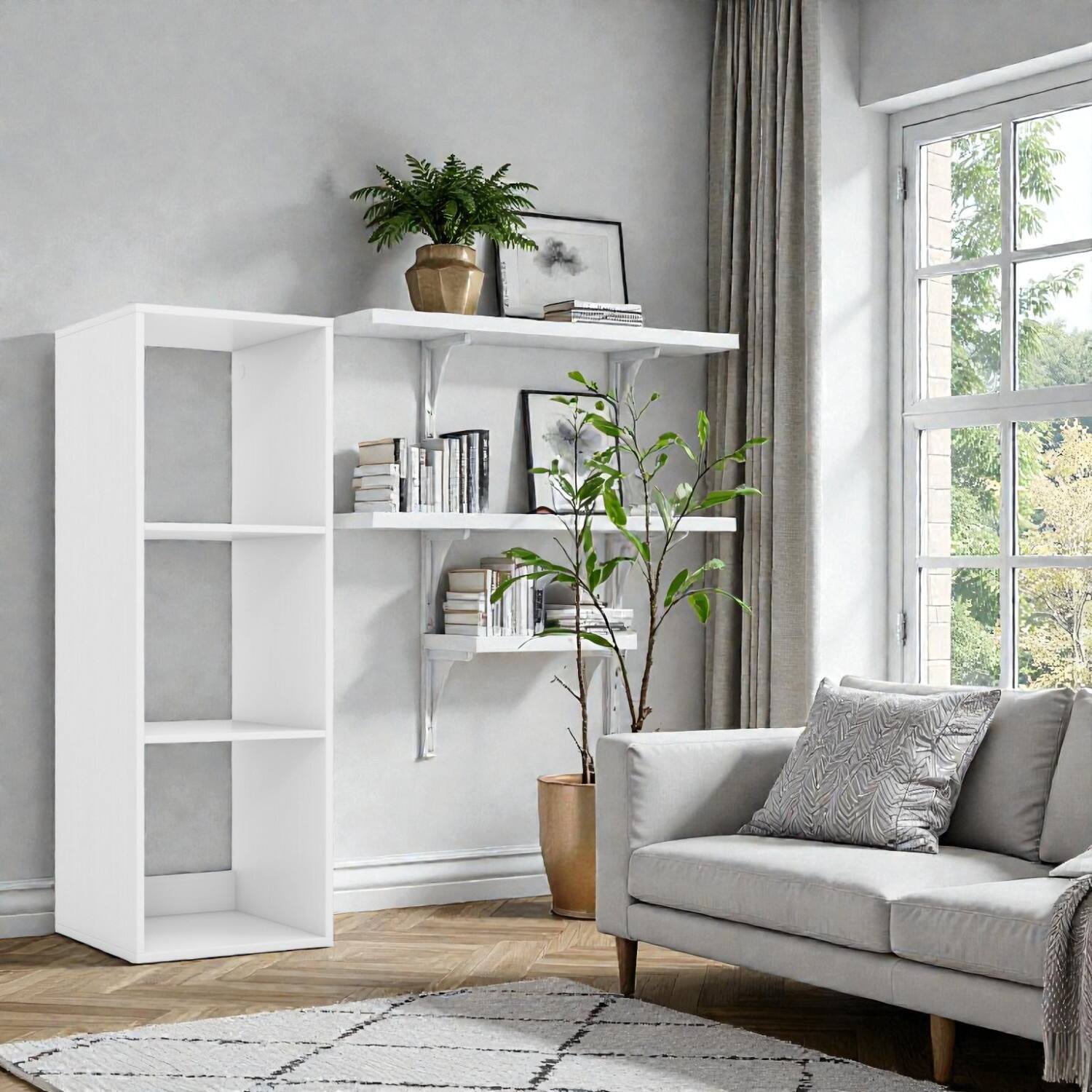 Hivvago Modern 3 Compartment Bookcase with Protective Back Guard White ...
