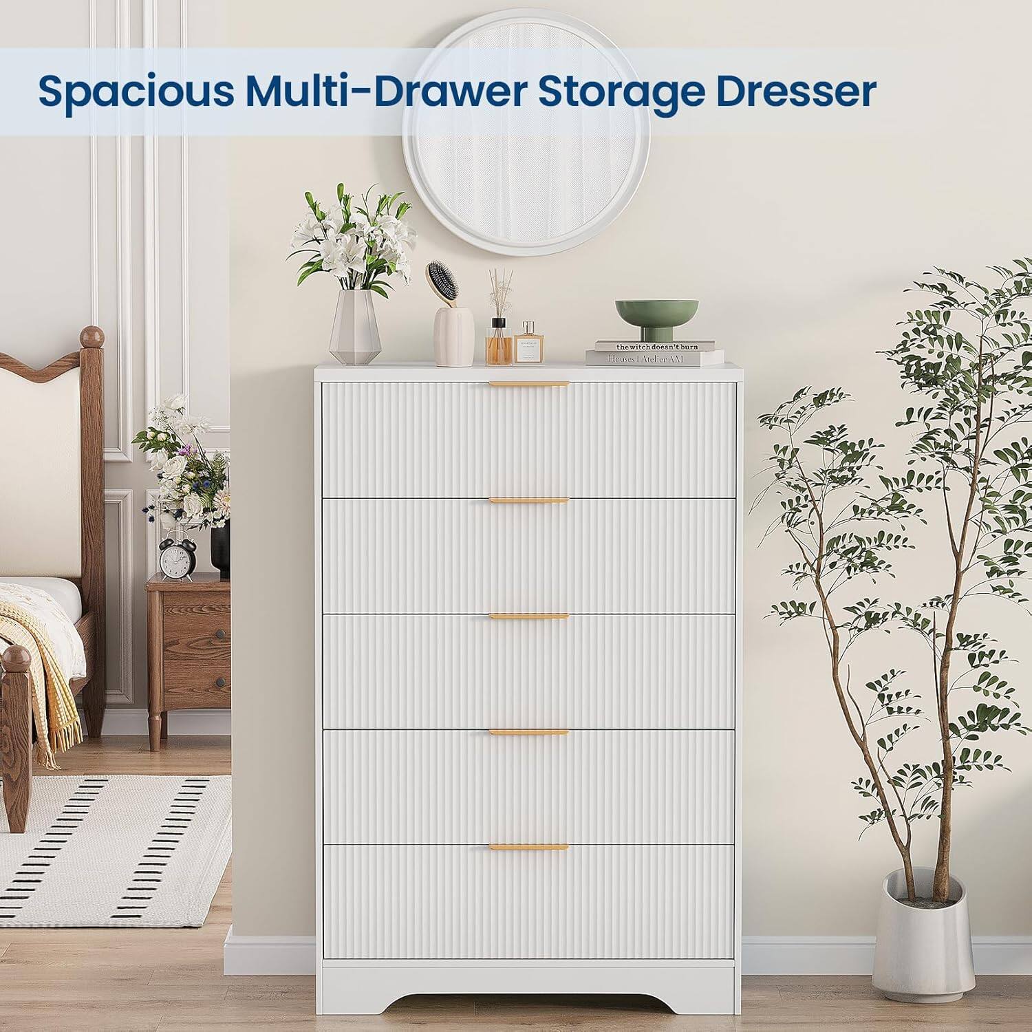 GARVEE Fluted 5 Drawer Dresser, Gold Handles, Tall Modern Chest ...