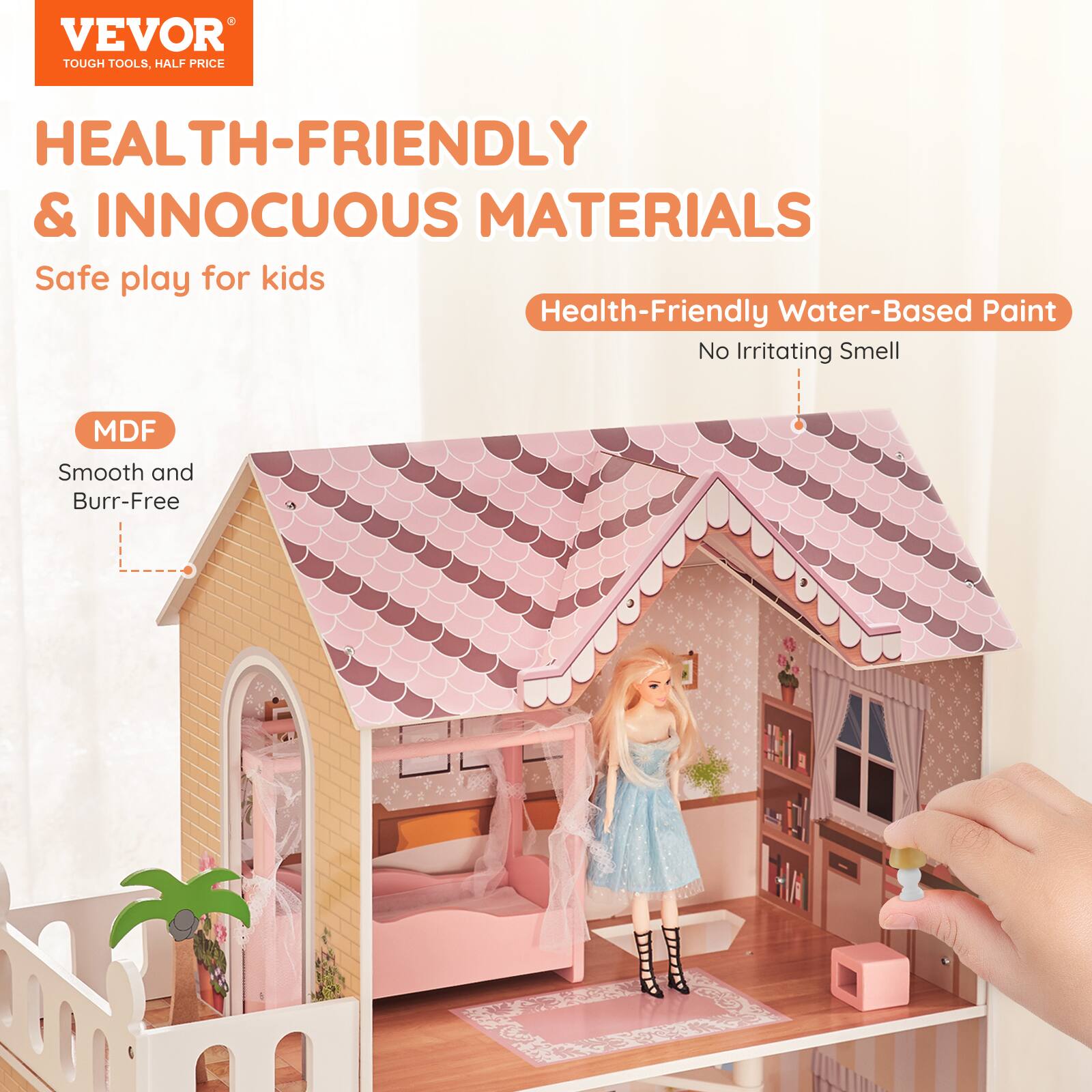 VEVOR Wooden Dollhouse, 7 Rooms Modern Doll House Playset for Kids, DIY ...