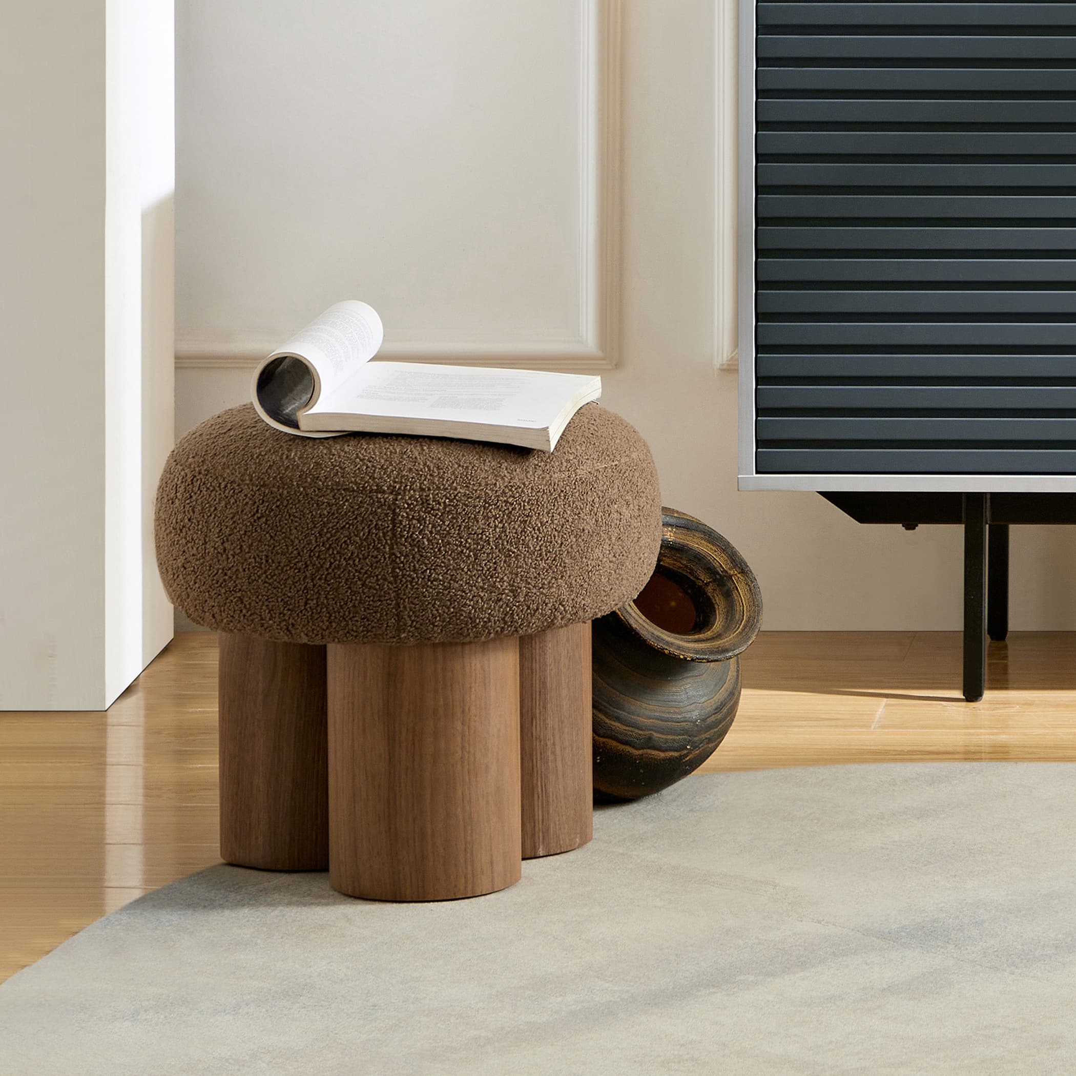 TinyHomie - 1 Mushroom stool lamb wool seat barrel PVC pipe with walnut ...