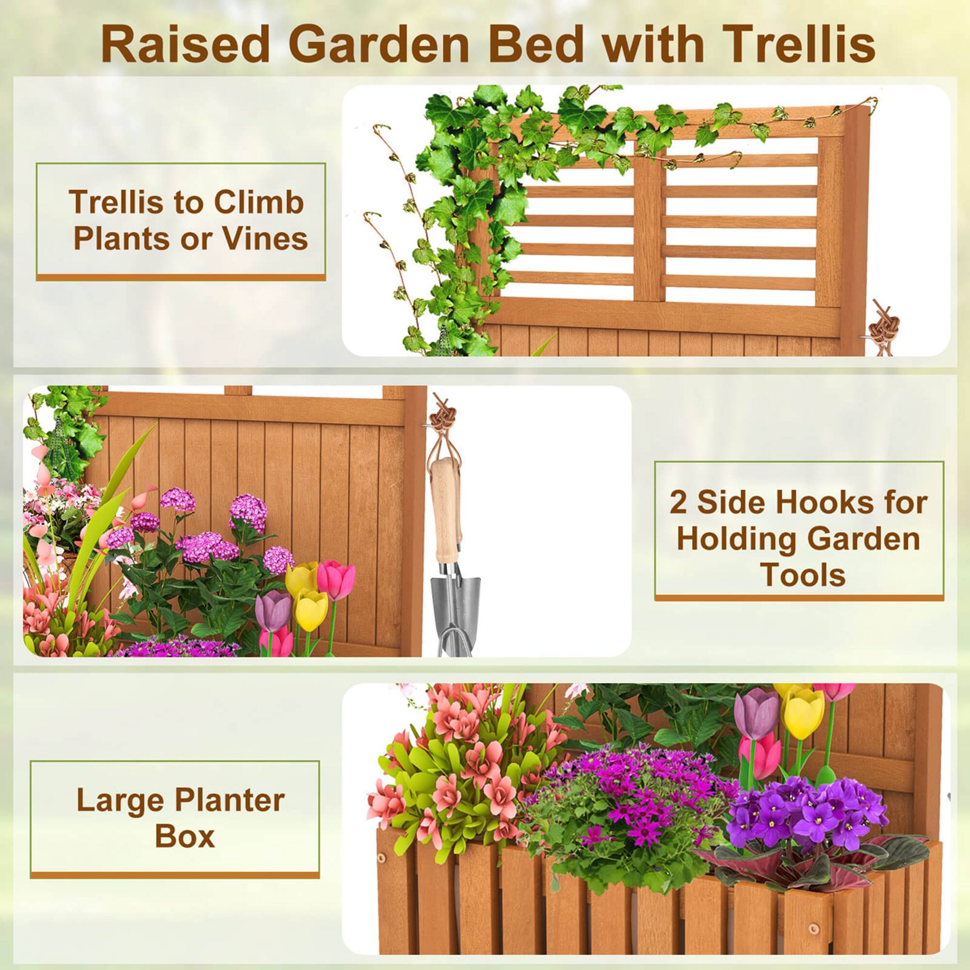 Costway 1 PCS Wooden Plant Stand Raised Garden Bed with Trellis ...