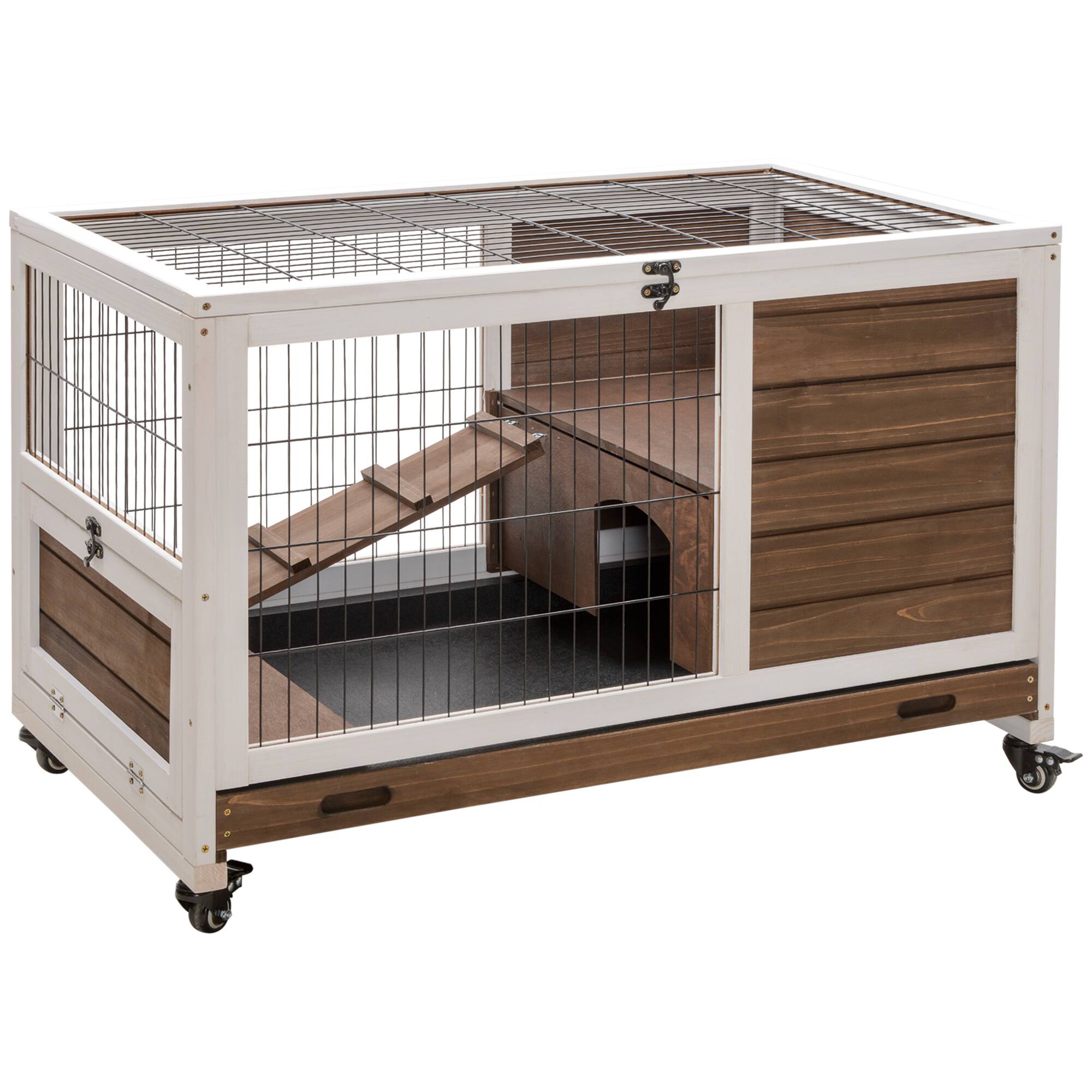 Pawhut Wooden Rabbit Hutch Indoor Outdoor, Elevated Bunny Cage with No ...