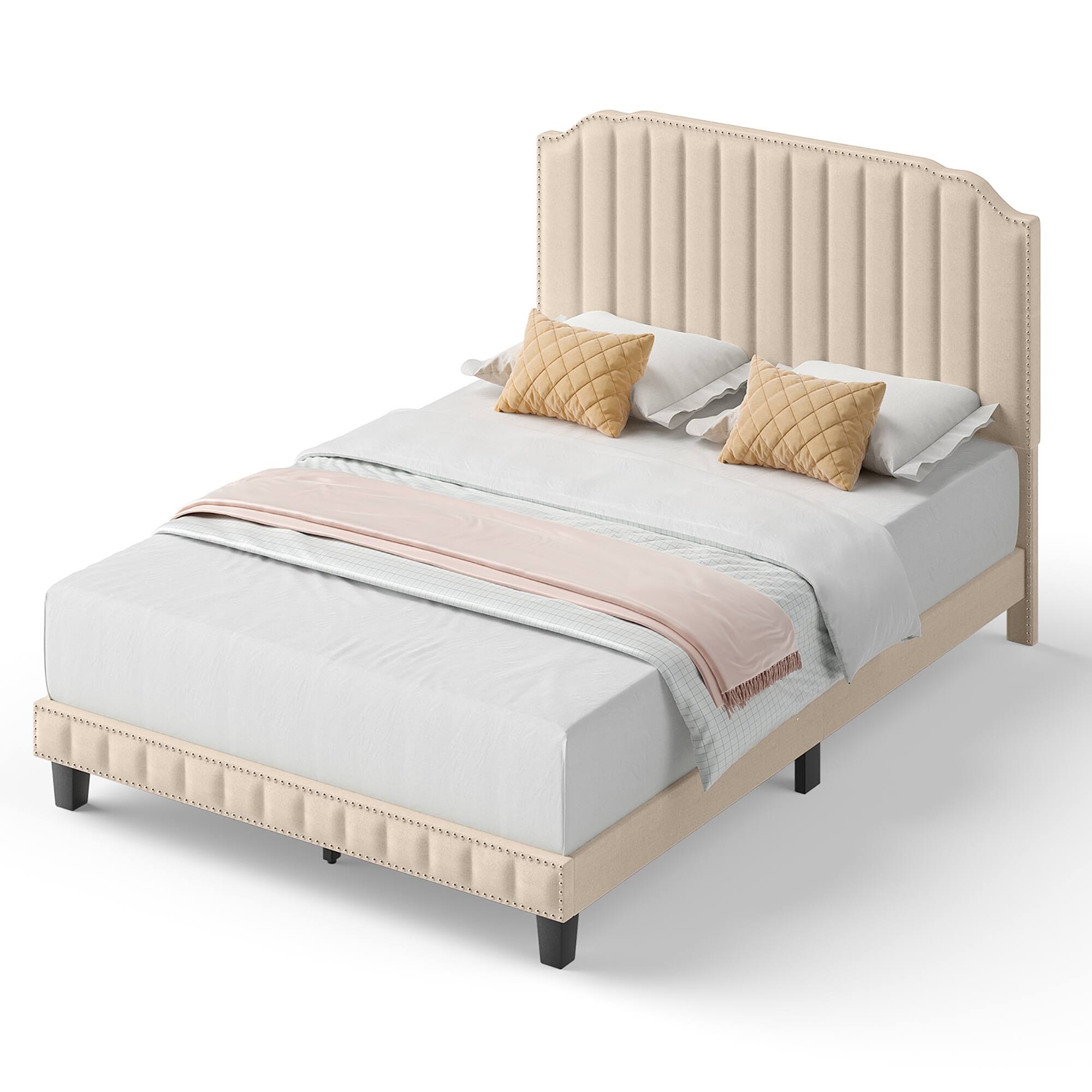 Gymax Full Upholstered Bed Frame with linen fabric vertical lines ...