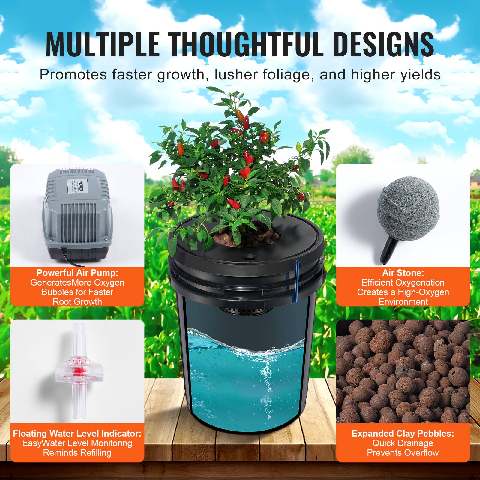 VEVOR DWC Hydroponic System, 5 Gallon 8 Buckets, Deep Water Culture ...