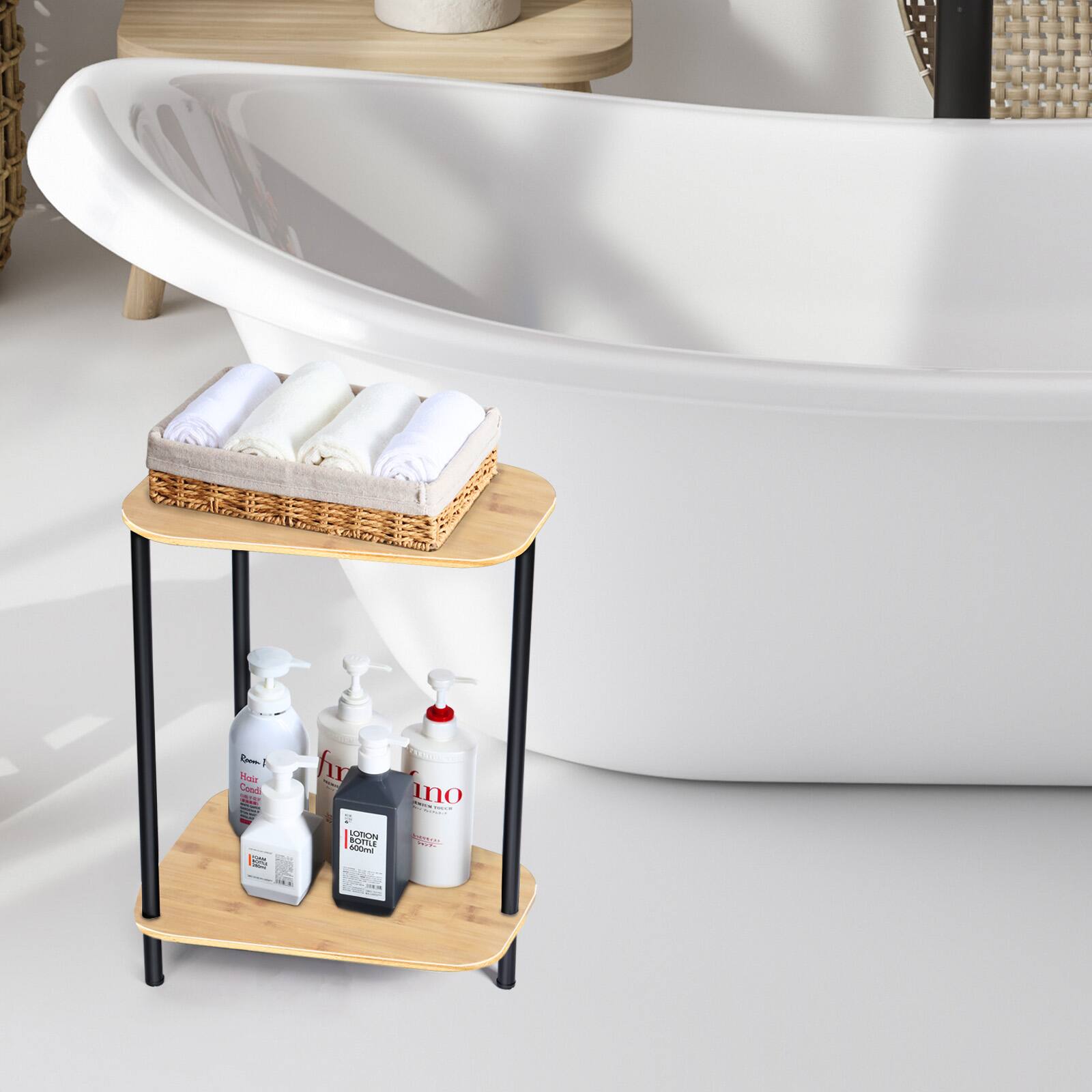 Oumilen Set of 2 Triangle Bamboo Side Tables – 2 Tier Open Storage with ...