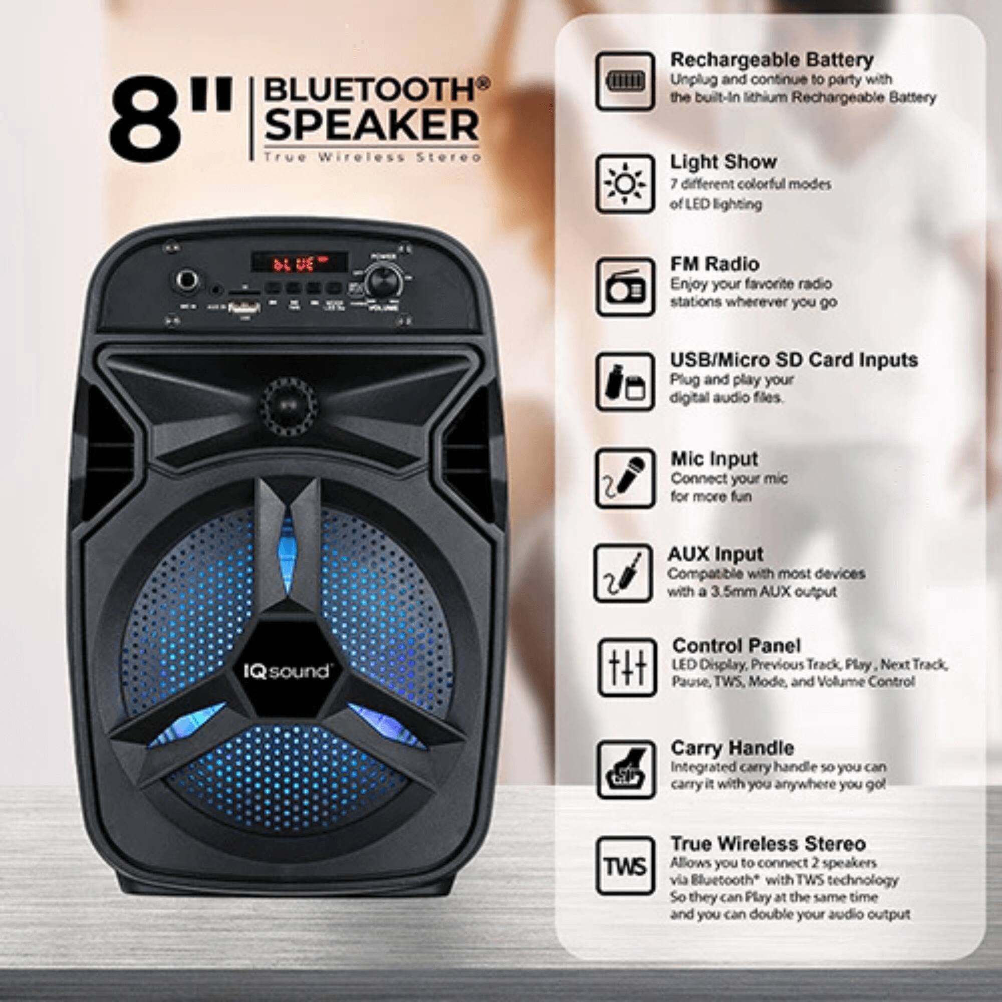 iQ Sound 8 Inch Portable Bluetooth TWS Speaker Black IQ-5108DJBT - Best Buy