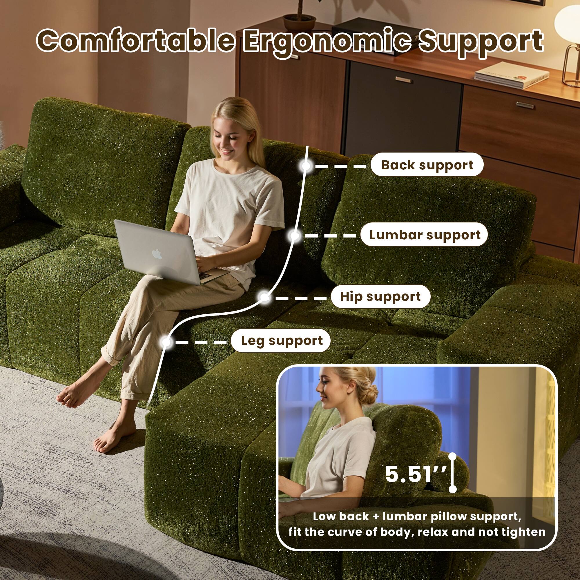 Ovios 114" Starlight Fabric Sectional Sofa with Comfy Chaise, Boneless ...