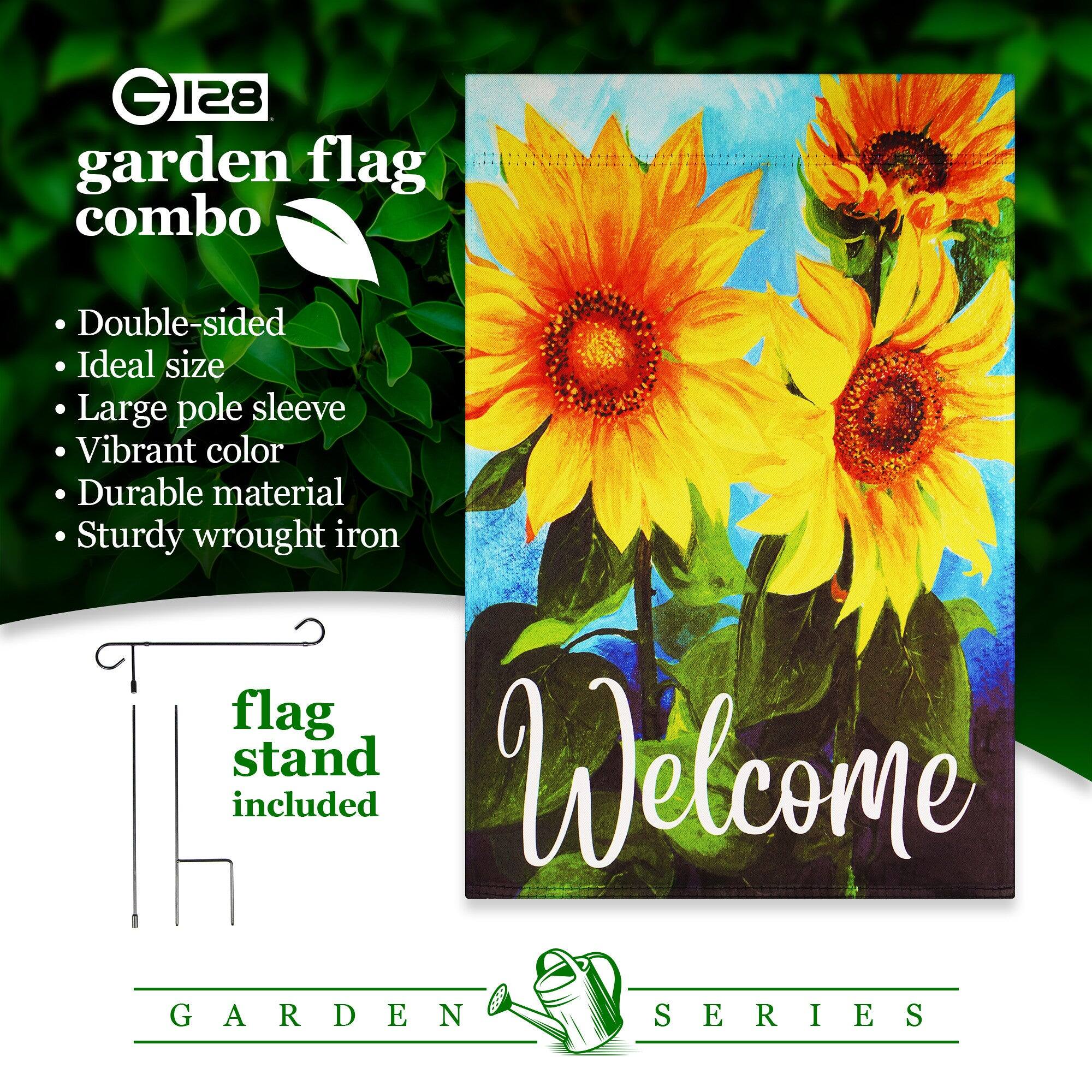 G128 Combo Pack: Garden Flag Stand 36 x 16 in & Welcome Sunflowers 12 x ...