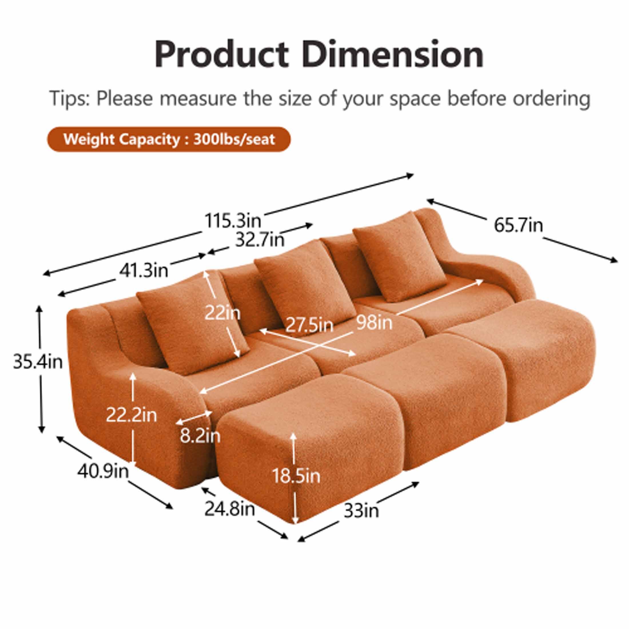 Aukfa Modular Teddy Fabric Sofa 3 Seat Sectional with 3 Ottomans, Soft ...