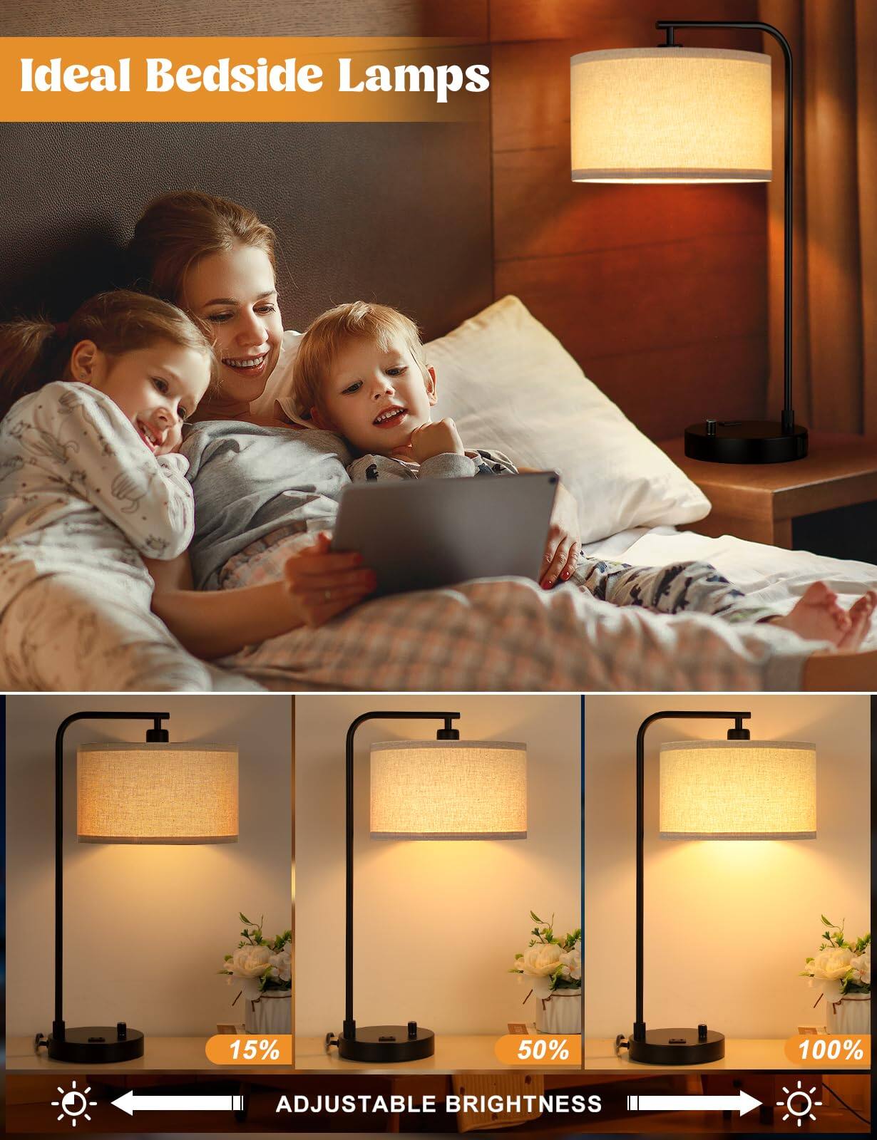HM 1810 Tall Table Lamp USB Port Outlet Dimmable Nightstand Bedside ...