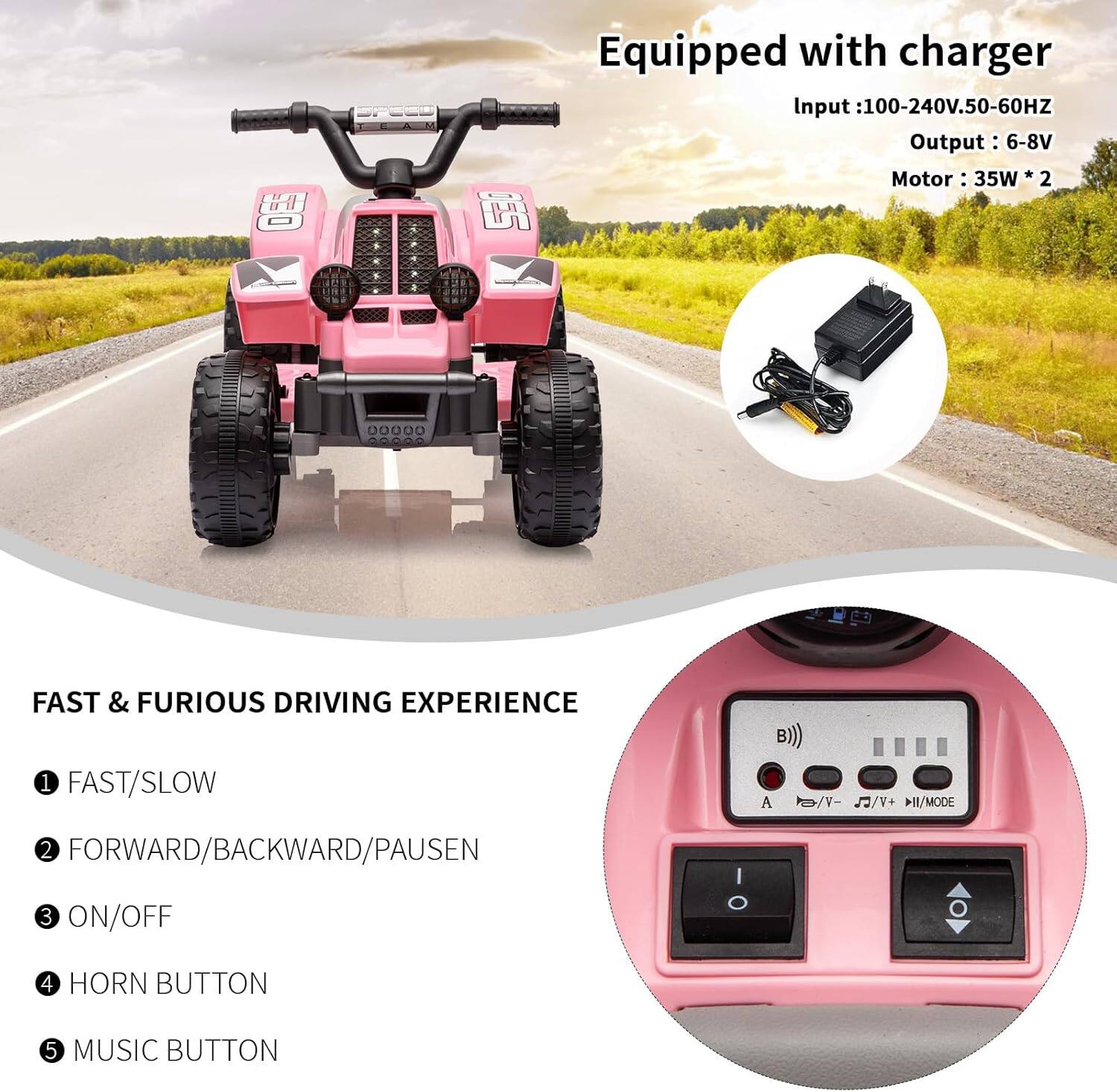 Jojoka 6V Kids Electric ATV Quad, Ride On 4 Wheeler with LED Lights ...