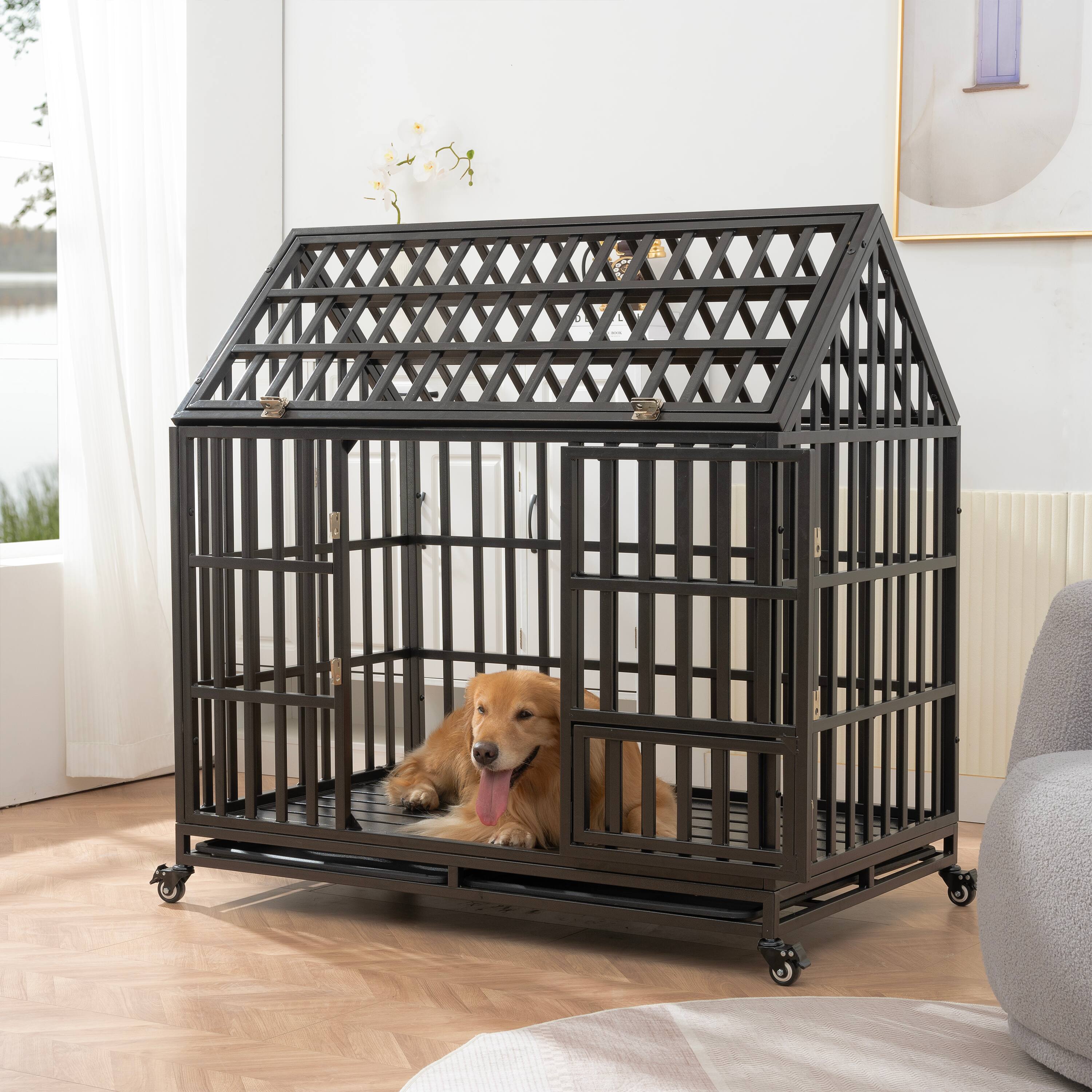 Siljoy Heavy Duty Dog Cage with Roof Window, 2 Doors, Lockable Wheels ...