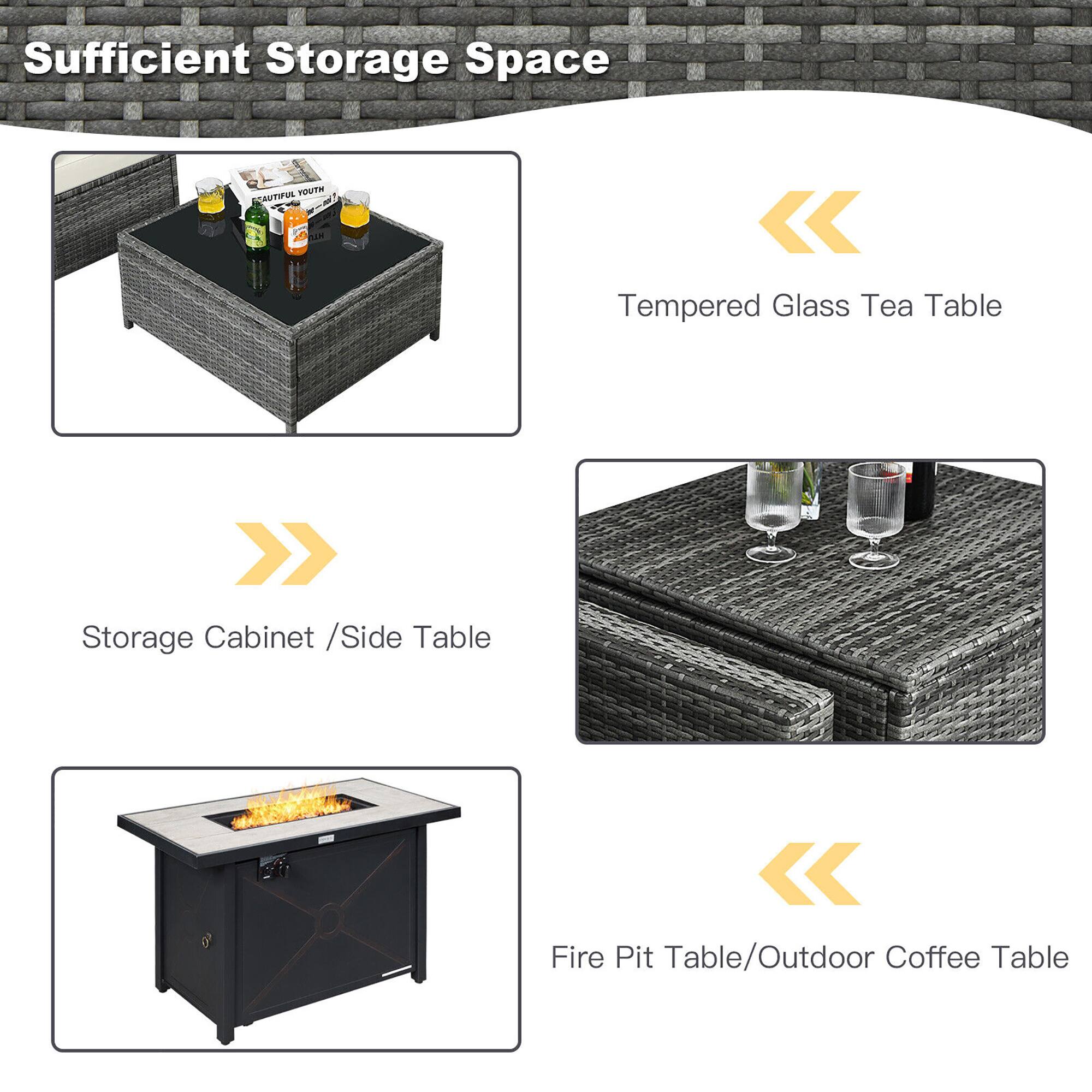 Gymax 9 PCS Patio Rattan Furniture Set Fire Pit Table Storage Black W ...