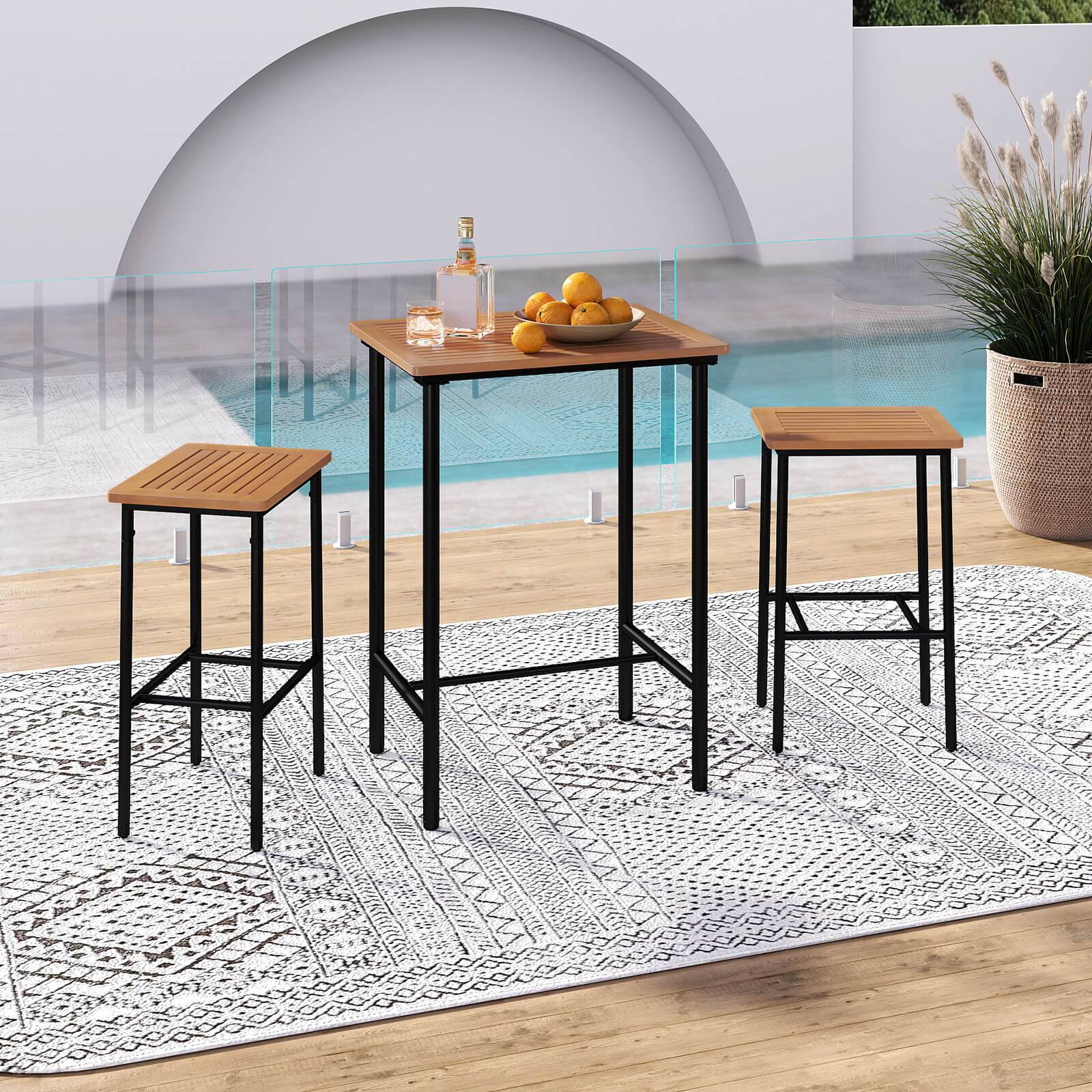 Costway 3 PCS Acacia Wood Patio Bar Set, Outdoor Bar Height with Metal ...