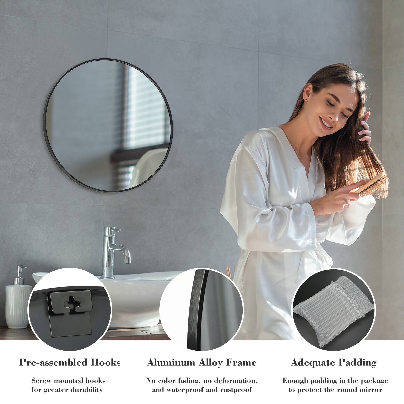 PexFix Round Bathroom Mirror, Shatterproof with HD Glass, Aluminum ...