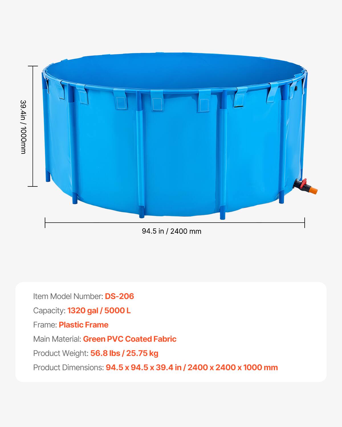 VEVOR Canvas Fish Pond, 1320 Gal Capacity Above Ground Fish Pond ...