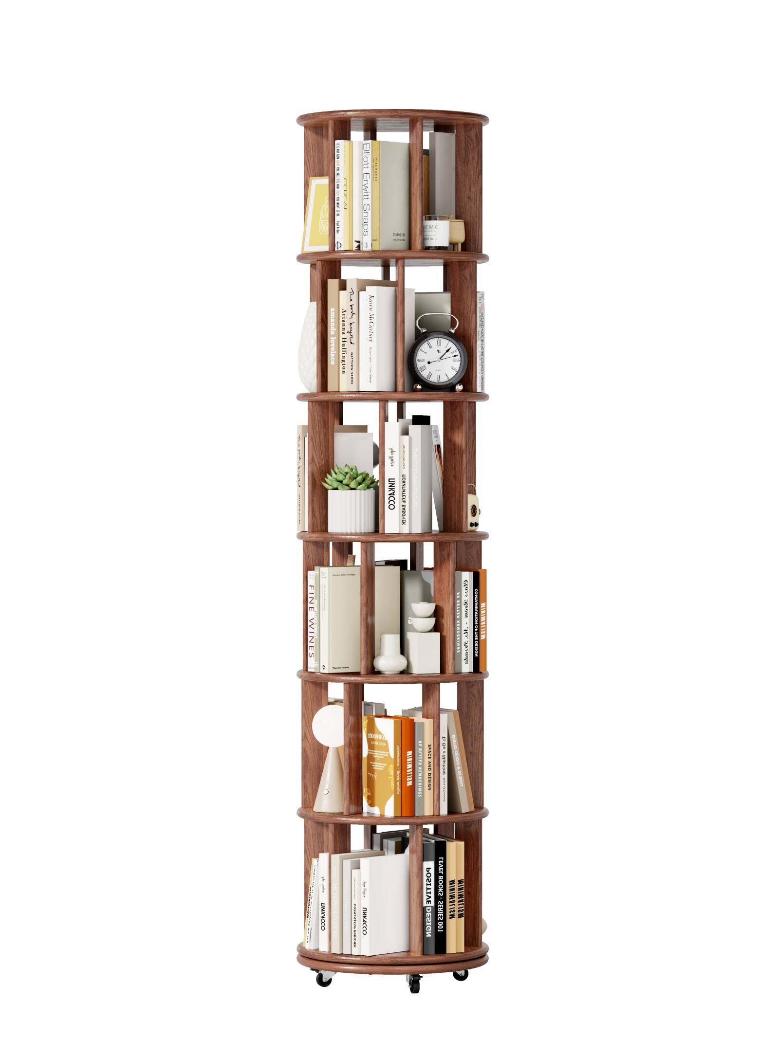 Ecooso 100%Solid Wood Rotating Bookshelf on Wheels, 6 Tier, 360 ...