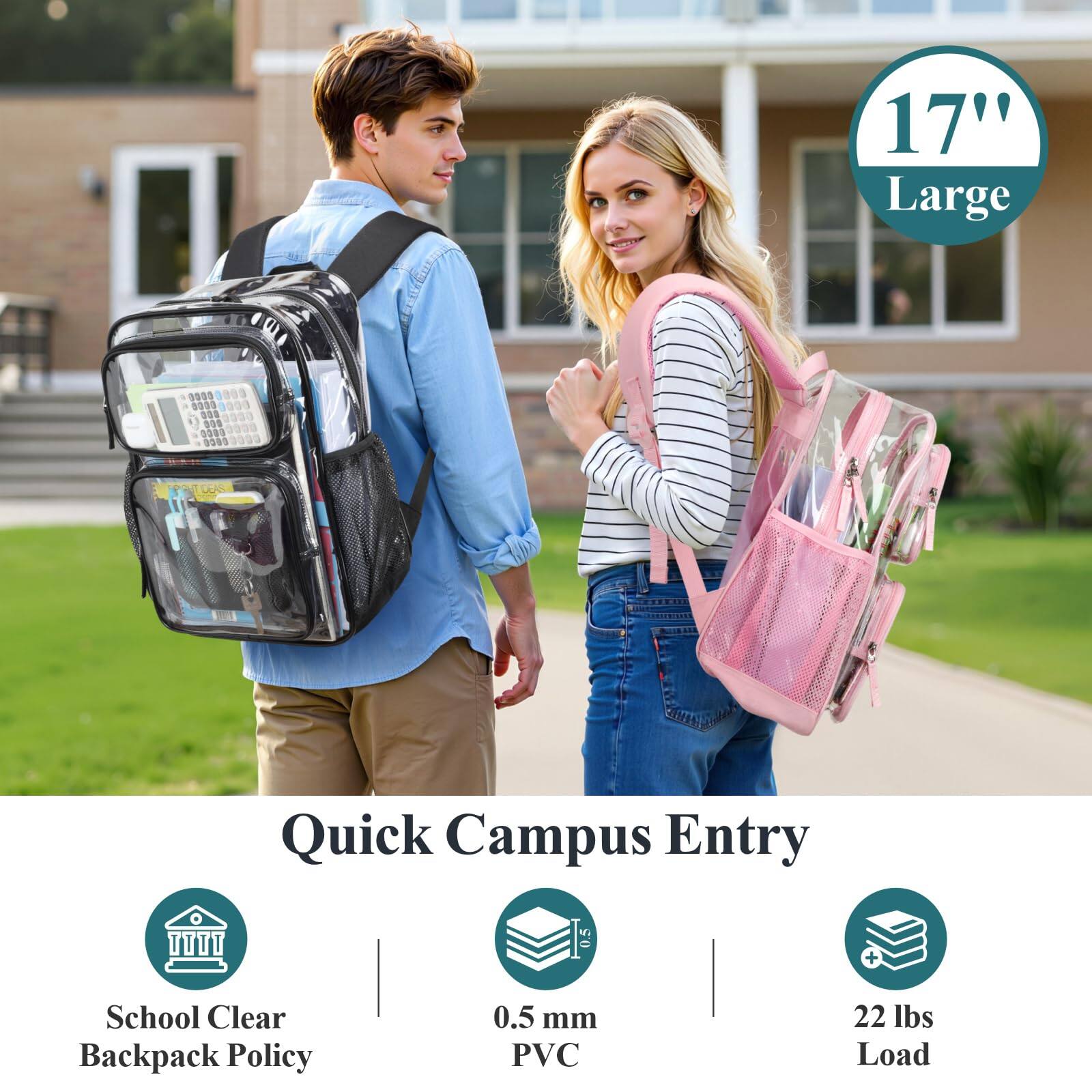 Stamp n Camp Clear Backpack For School 17 Inch Large Heavy Duty Bookbag ...