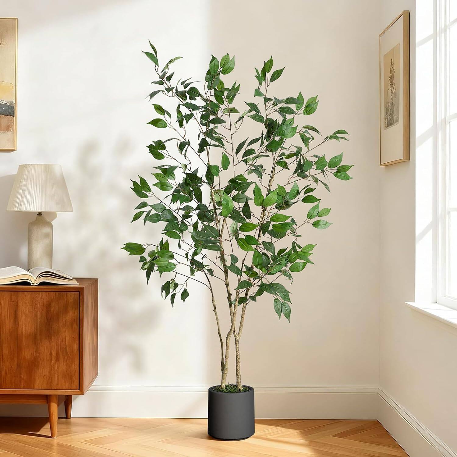 Homhougo Ficus Artificial Tree 5FT Tall Faux Ficus Tree with Black ...