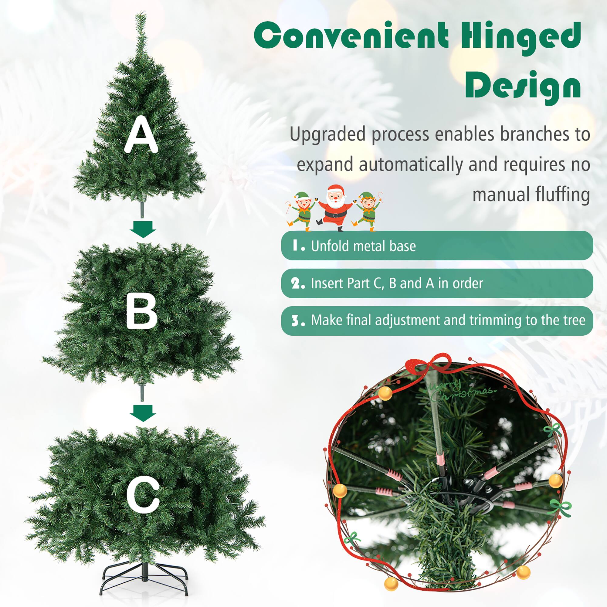 Gymax 7FT Pre Lit Hinged Artificial Christmas Tree Decor Tree 3 Minute ...