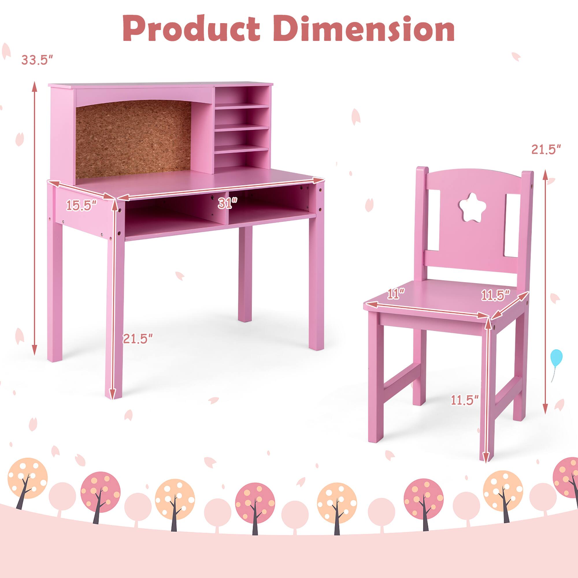 Costway Kids Desk and Chair Set Study Writing Workstation with Hutch ...