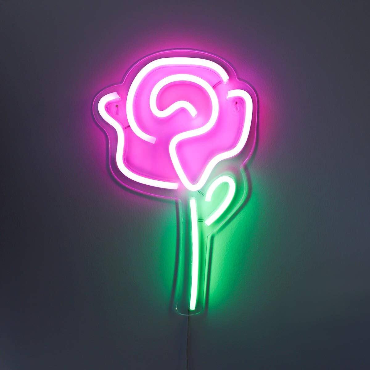 Auledio 15" x 9" LED Neon Pink Rose with Green Stem Wall Sign, USB ...