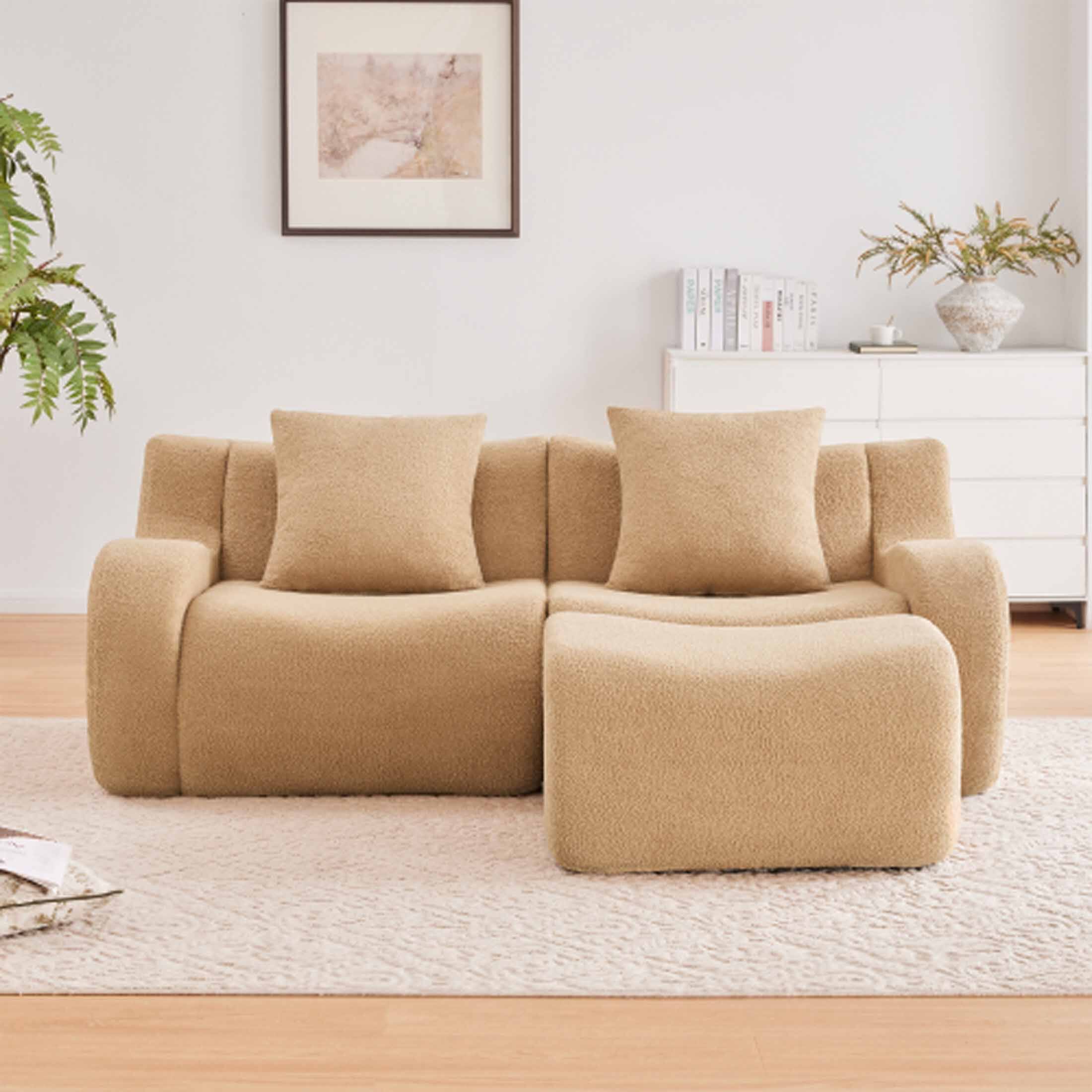 Aukfa Modular Teddy Fabric Sofa 2 Seat Sectional with 1 Ottoman, Soft ...
