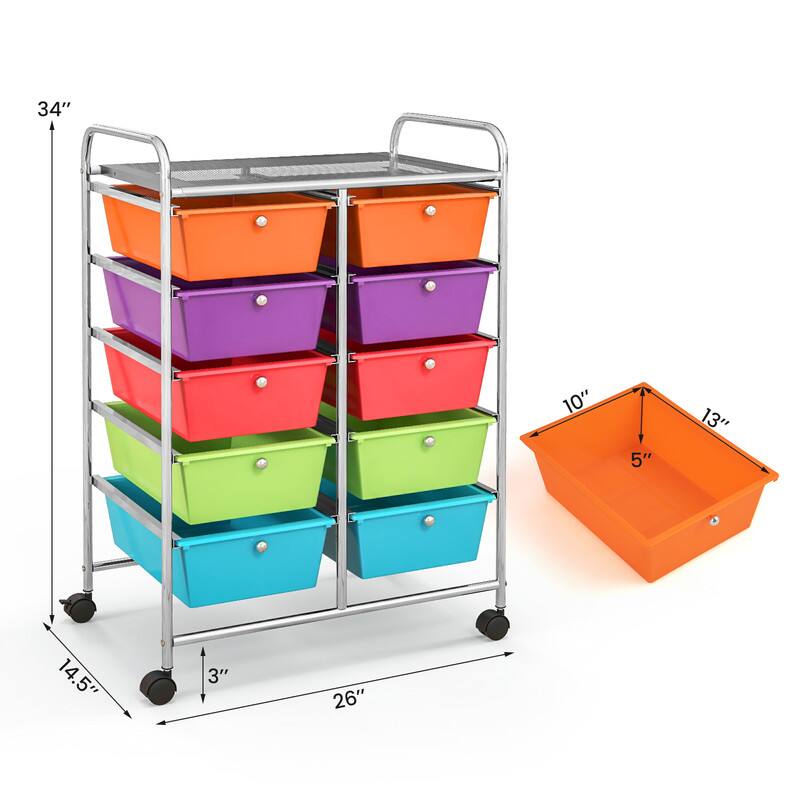 WELLFOR 10 Drawer Utility Rolling Storage Cart with Metal Tabletop ...